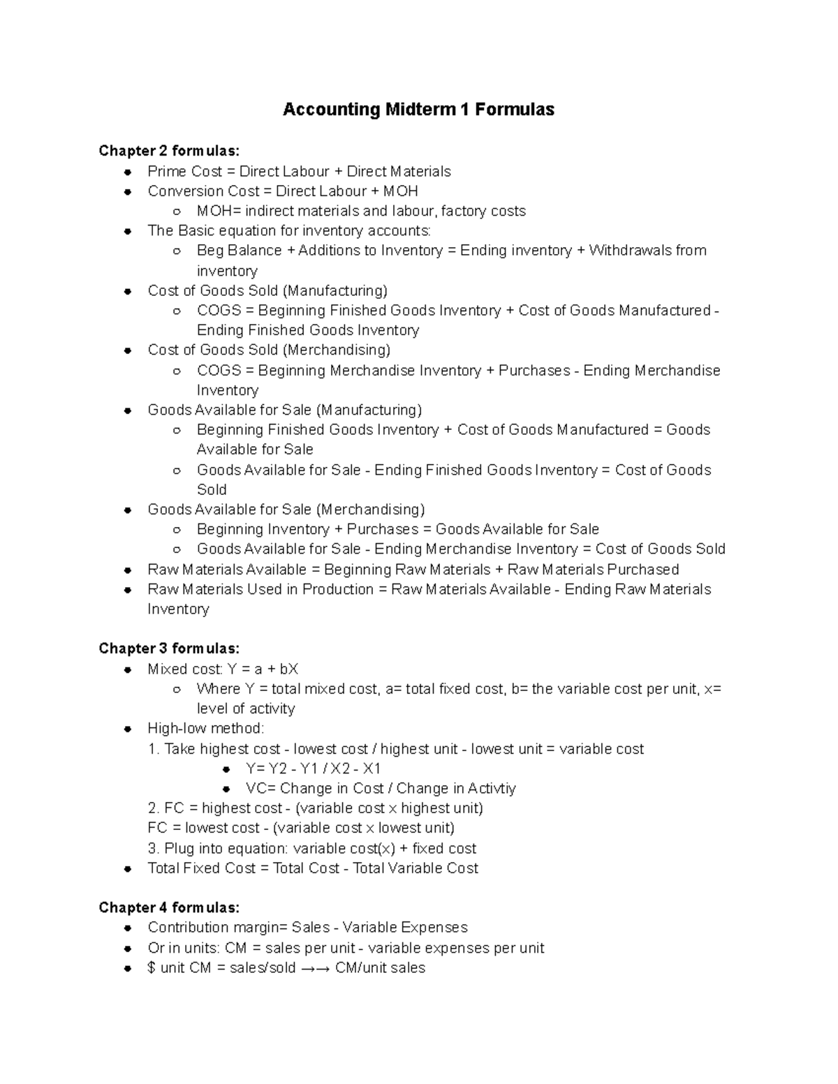 Accounting Midterm 1 Formulas - Accounting Midterm 1 Formulas Chapter 2 formulas: Prime Cost ...