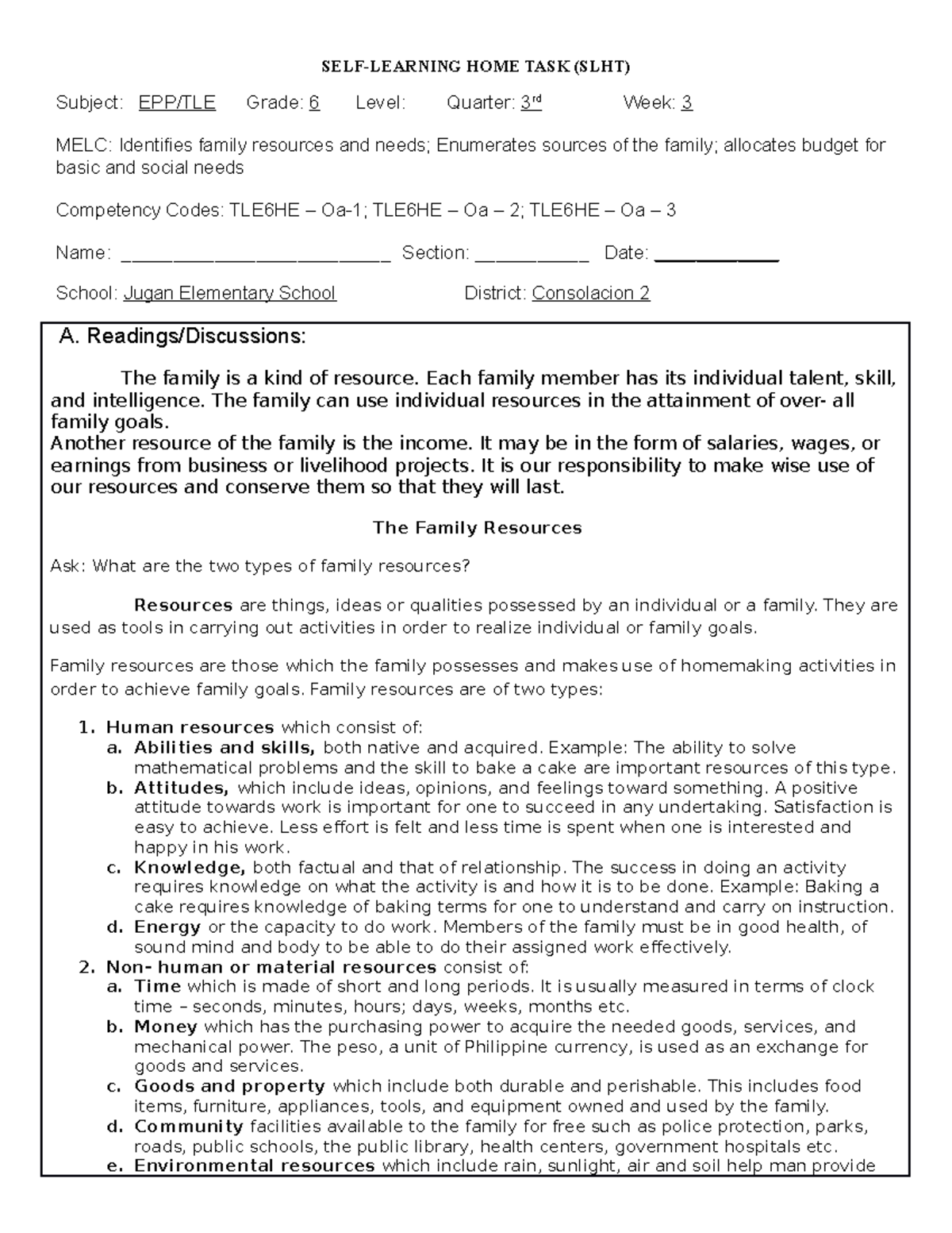 Q3-SLHT TLE6 IA-WEEK-3 - SELF-LEARNING HOME TASK (SLHT) Subject: EPP ...