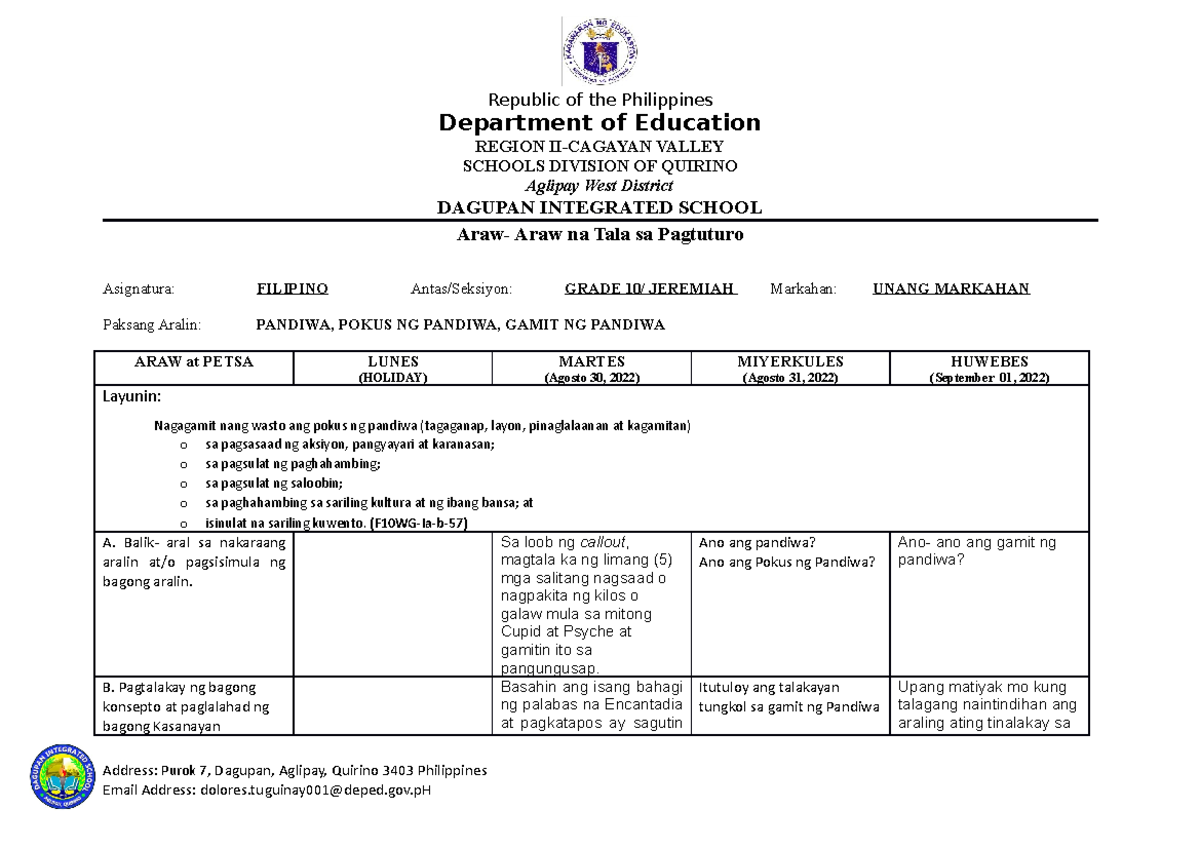 Week 2 - DLL - Republic of the Philippines Department of Education ...