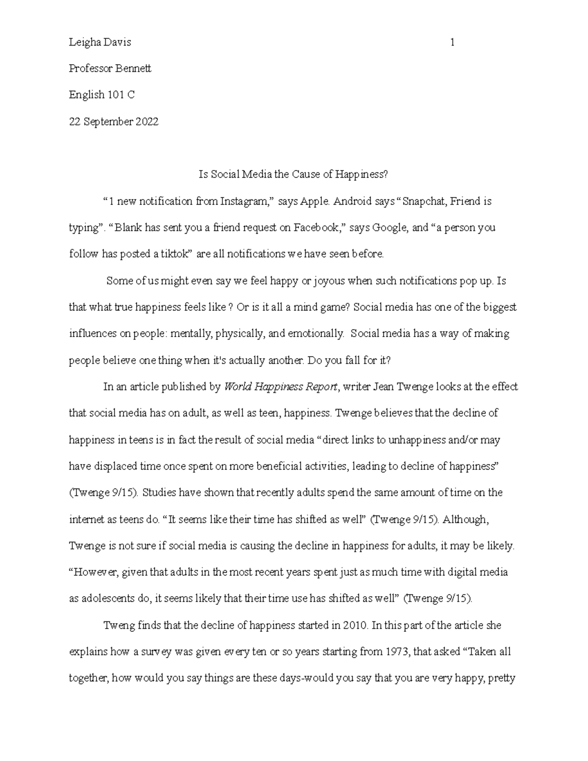 Rough draft - Leigha Davis 1 Professor Bennett English 101 C 22 ...