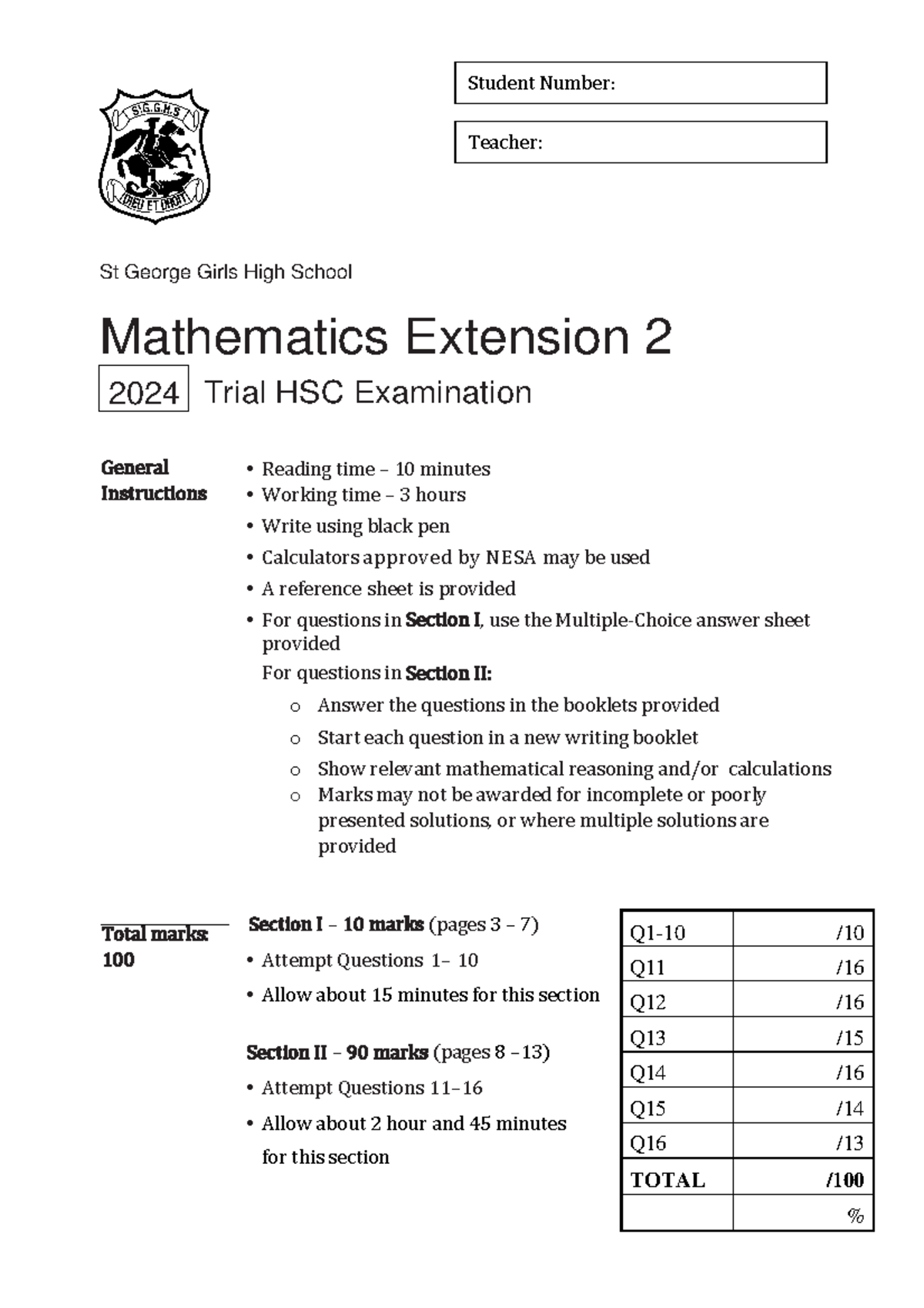 sgghs trial paper x2 - St George Girls High School Mathematics ...