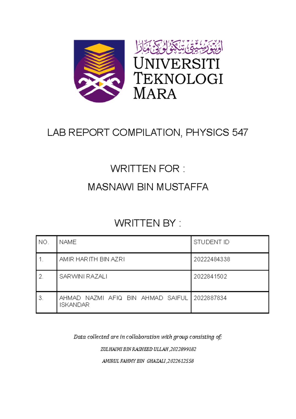 LAB 1 - LAB REPORT COMPILATION, PHYSICS 547 WRITTEN FOR : MASNAWI BIN ...