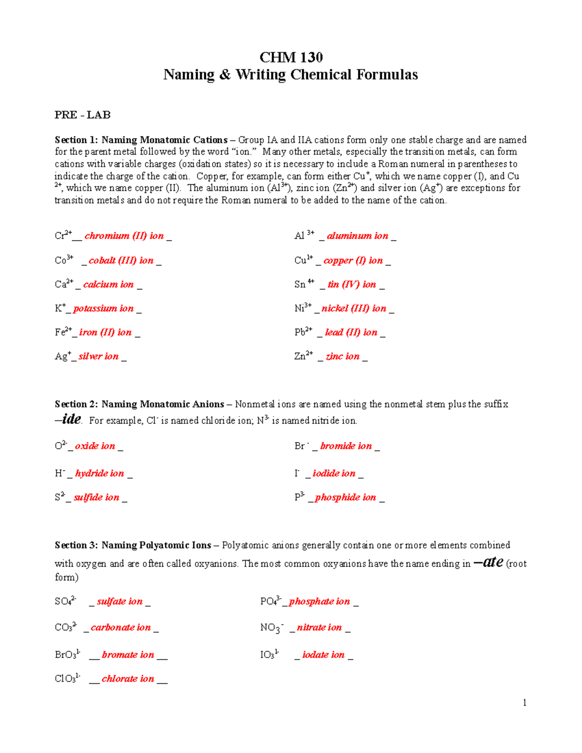 Lab 4 CHM130LL Naming and Writing Chemical Formulas w Answer Key - CHM ...