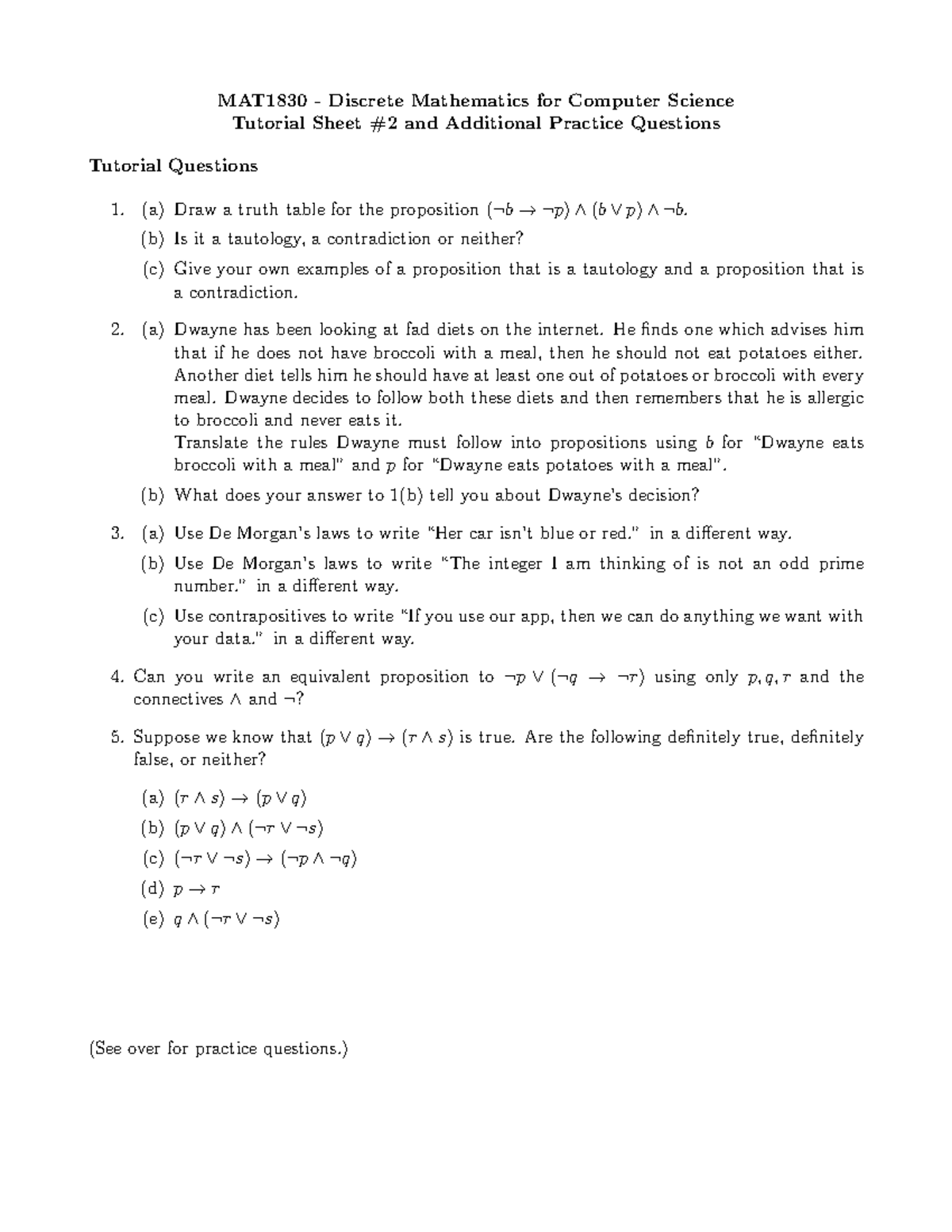 Tute2 - Tutorial Sheet 2, Tautology. Questions only in here - MAT1830 ...