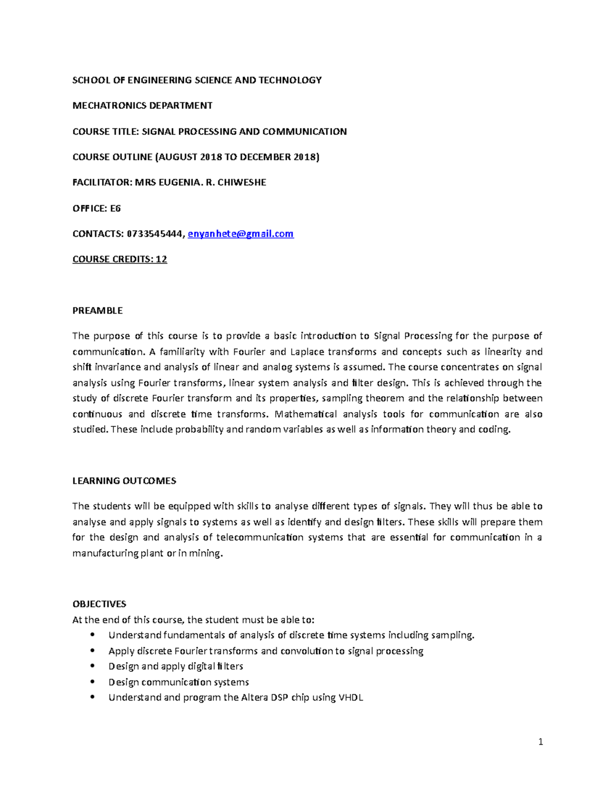 Course outline 3.2 - SCHOOL OF ENGINEERING SCIENCE AND TECHNOLOGY ...