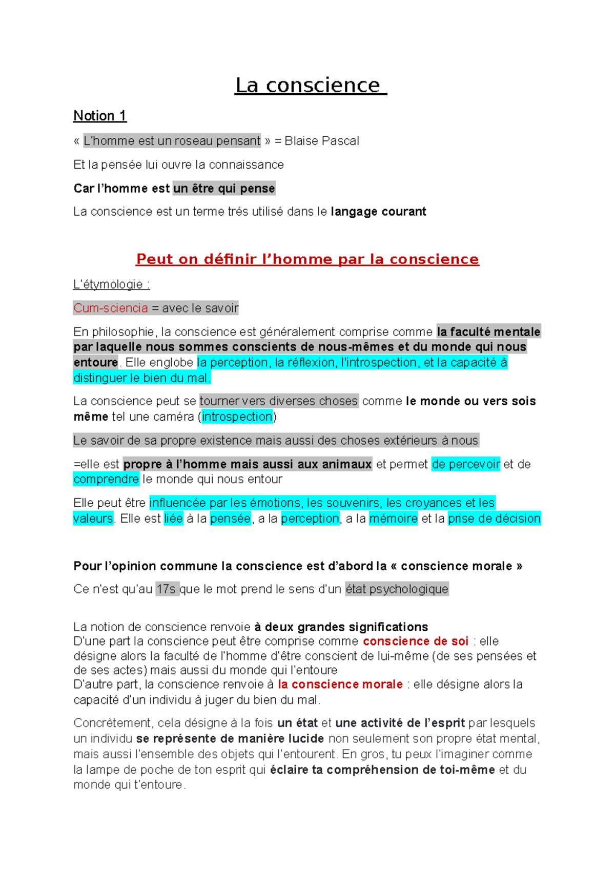 La conscience - cours - La conscience Notion 1 « L’homme est un roseau pensant » = Blaise Pascal ...