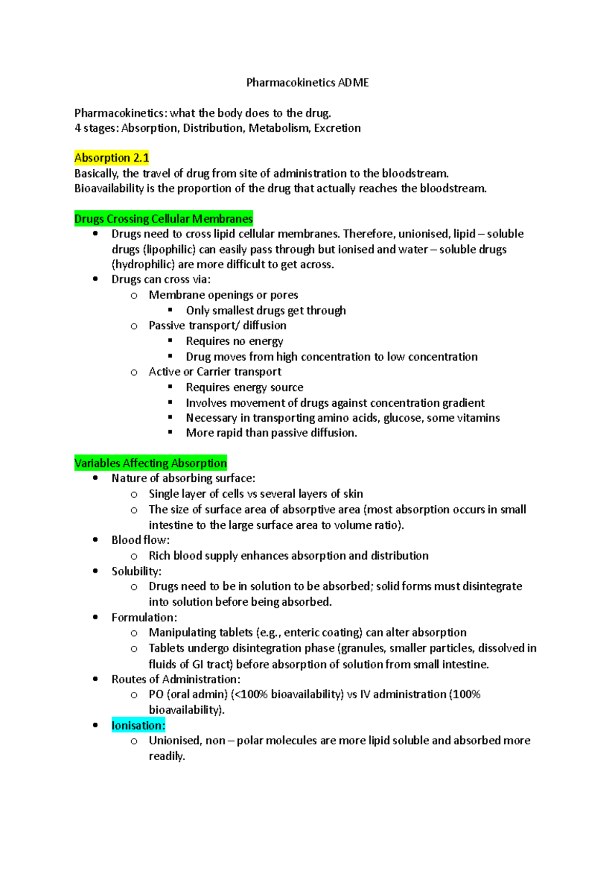 Pharmacokinetics - Notes - Pharmacokinetics ADME Pharmacokinetics: what ...