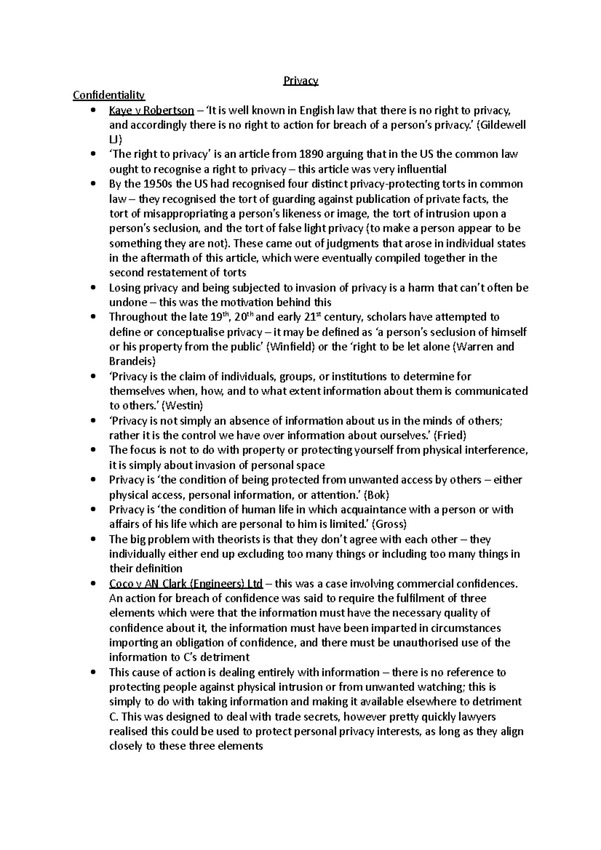 Privacy - Summary General Principles of Tort - Privacy Confidentiality ...