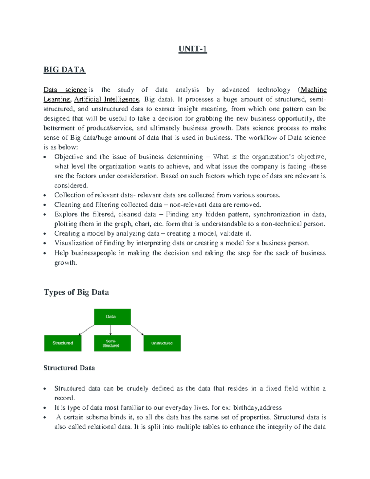 CSE BIG DATA 702 Notes - UNIT- 1 BIG DATA Data science is the study of ...