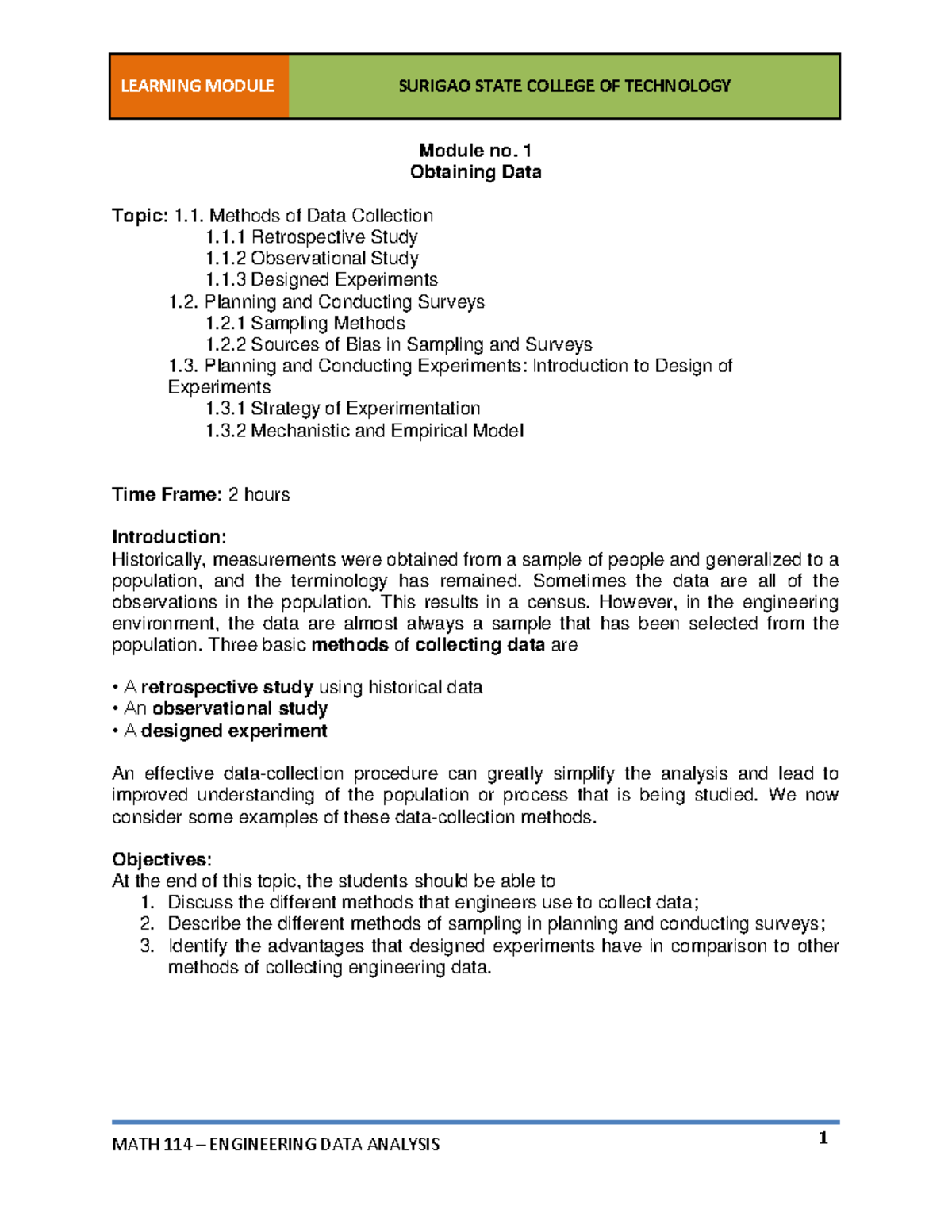 Math 114 Module 1 - STATS - 1 Module no. 1 Obtaining Data Topic: 1 ...