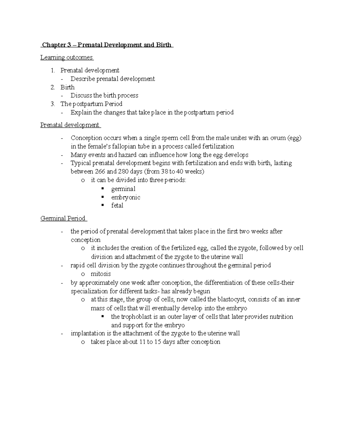 Chapter 3 Notes - Chapter 3 – Prenatal Development and Birth Learning ...