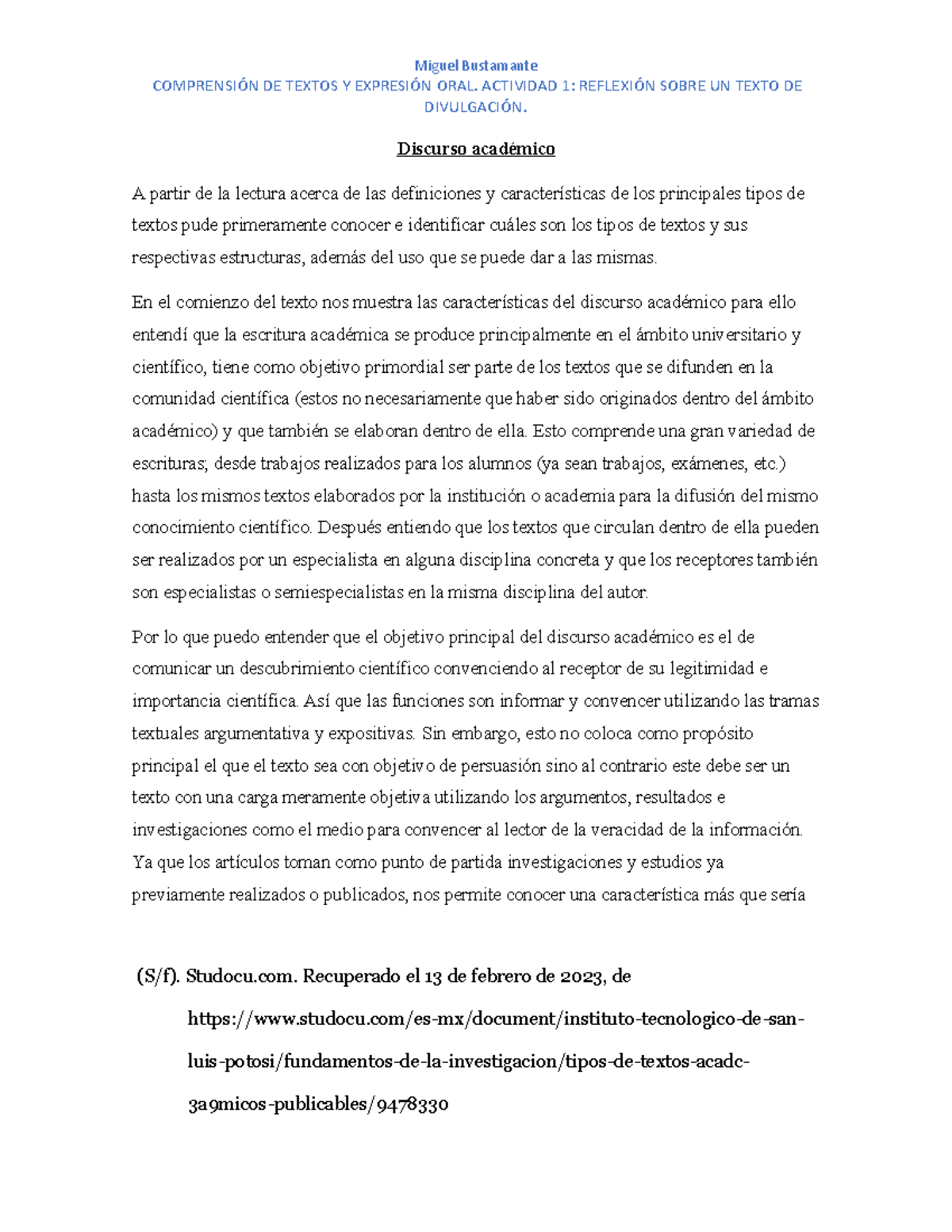 Discurso académico - Resumen de un foro - COMPRENSIÓN DE TEXTOS Y ...