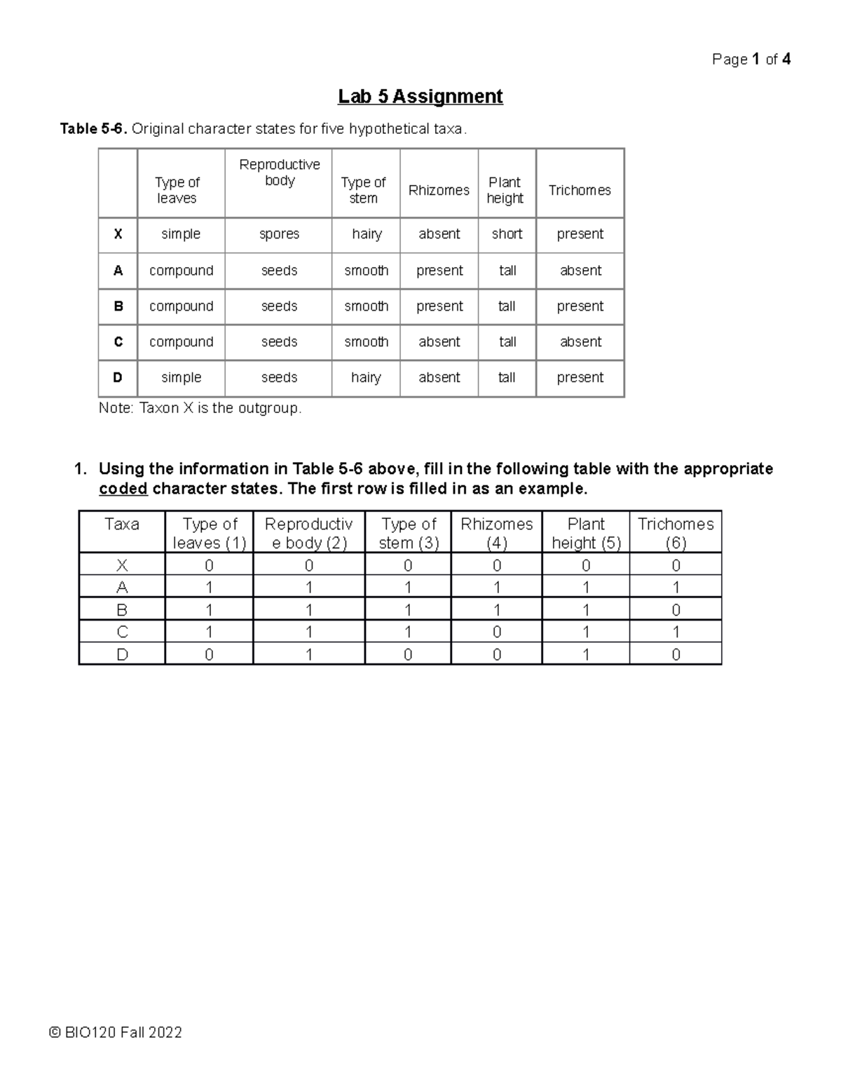 Lab 5 Assignment - BIO120F2022 - Lab 5 Assignment Table 5-6. Original ...