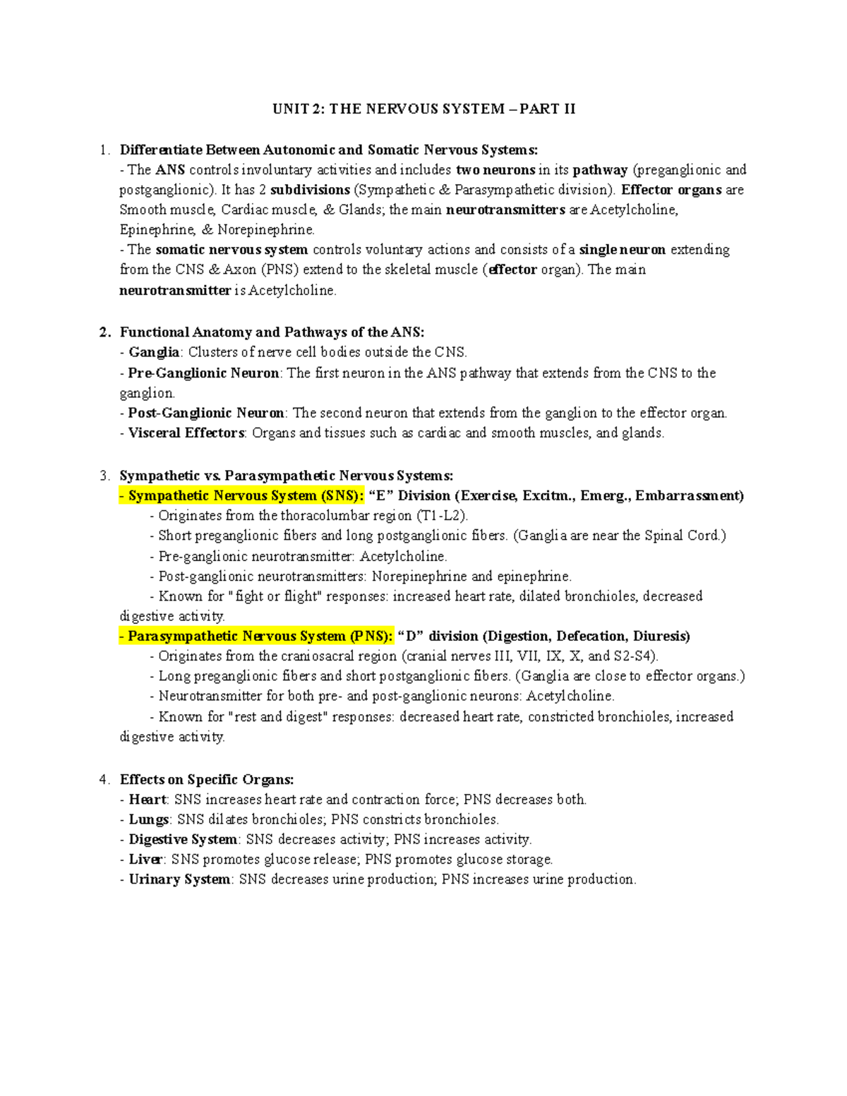 Week 4 - NS2 Weekly Objectives - UNIT 2: THE NERVOUS SYSTEM – PART II Differentiate Between ...