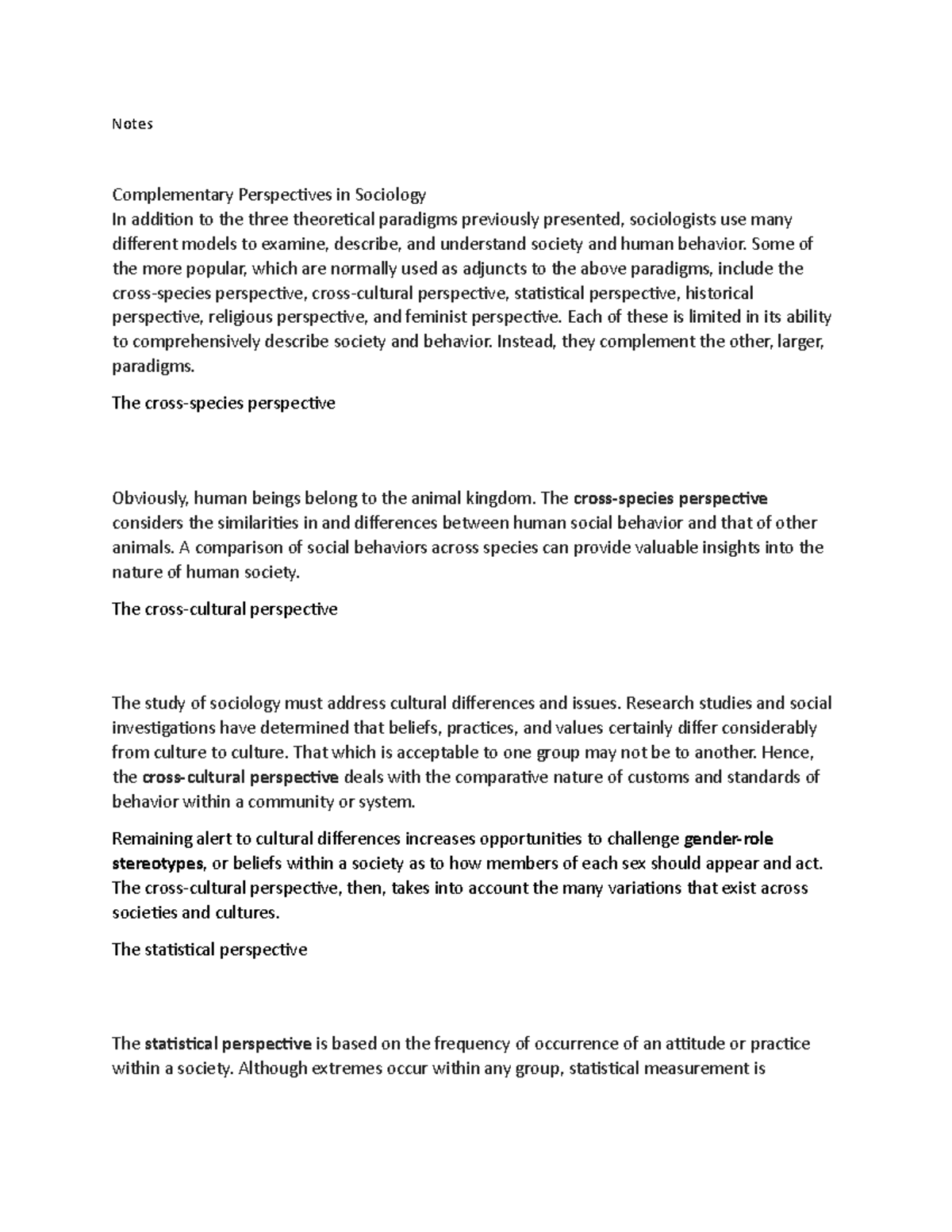 Document 210 - sociology - Notes Complementary Perspectives in ...