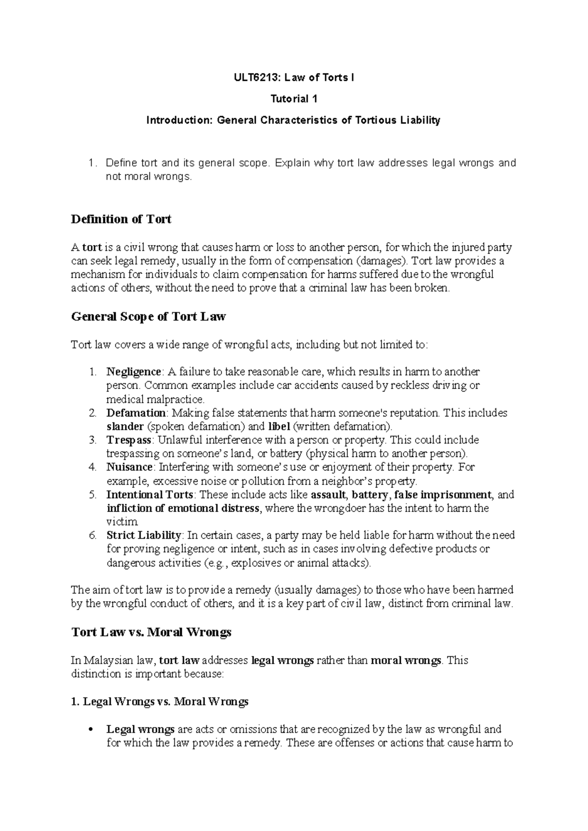 Torts Law Tutorial 1 - ULT6213: Law of Torts I Tutorial 1 Introduction: General Characteristics ...