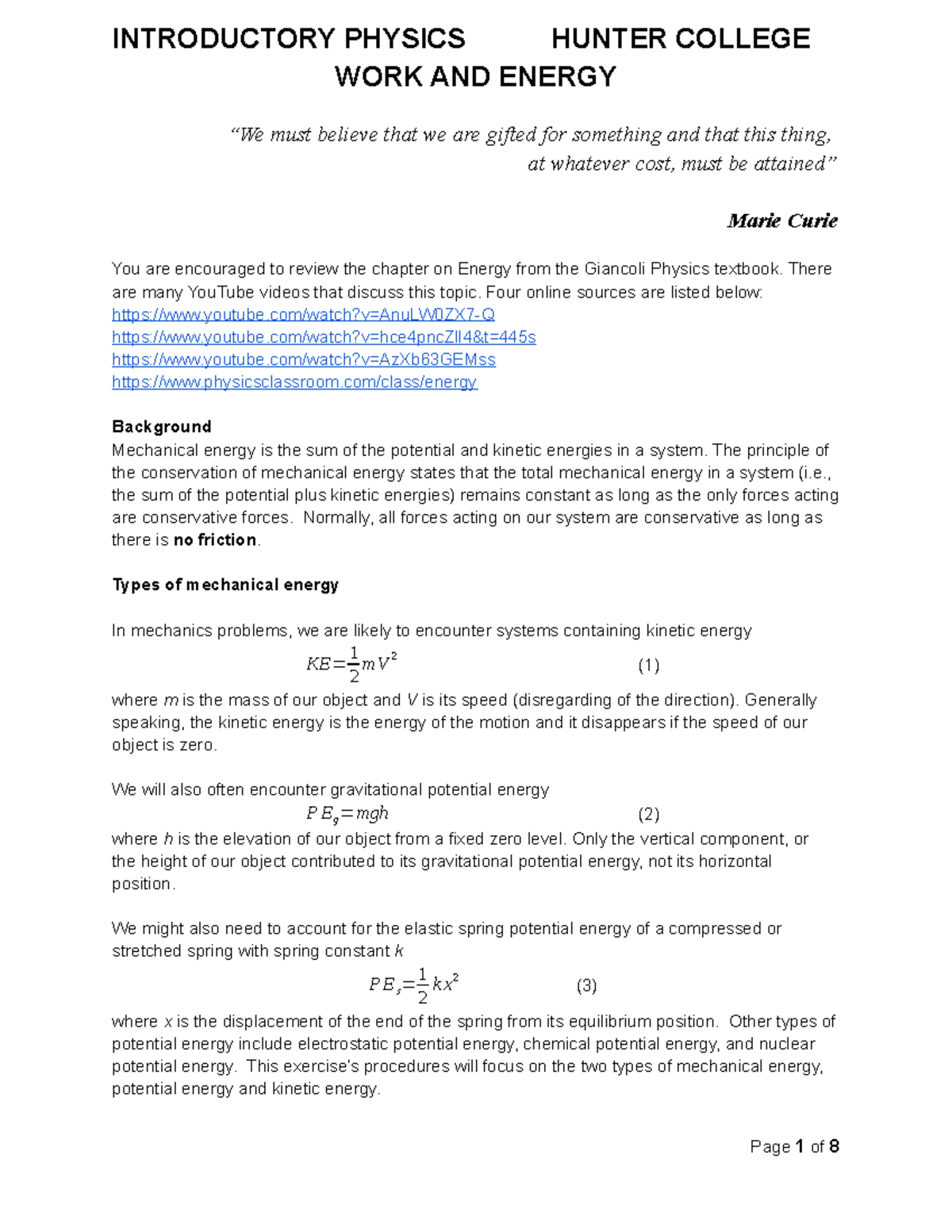 Energy Lab Document - INTRODUCTORY PHYSICS HUNTER COLLEGE WORK AND ...
