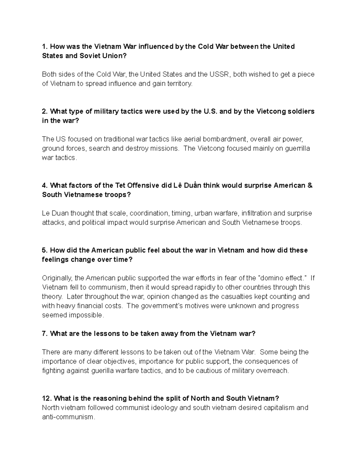Master List of Vietnam Questions - How was the Vietnam War influenced ...