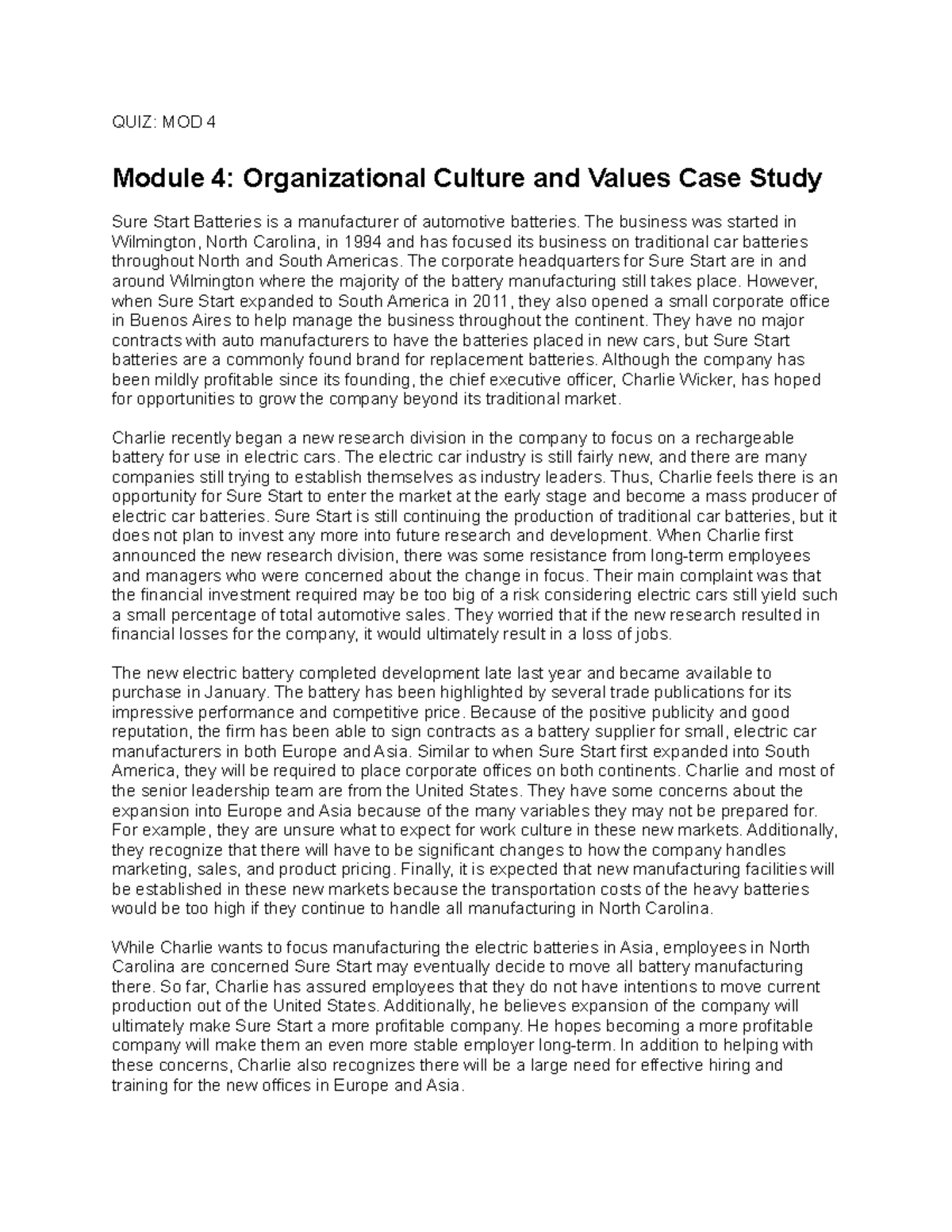 QUIZ MOD 4 - Lecture notes d072 - QUIZ: MOD 4 Module 4: Organizational ...