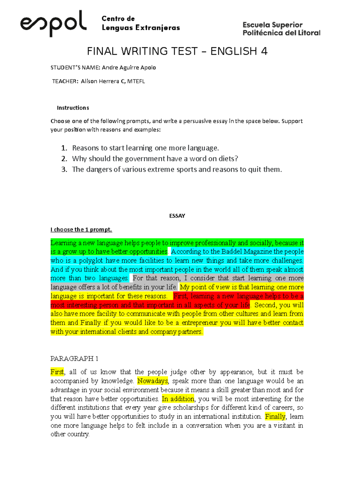 Writing EXAM Final - Inglés IV - ESPOL - Studocu