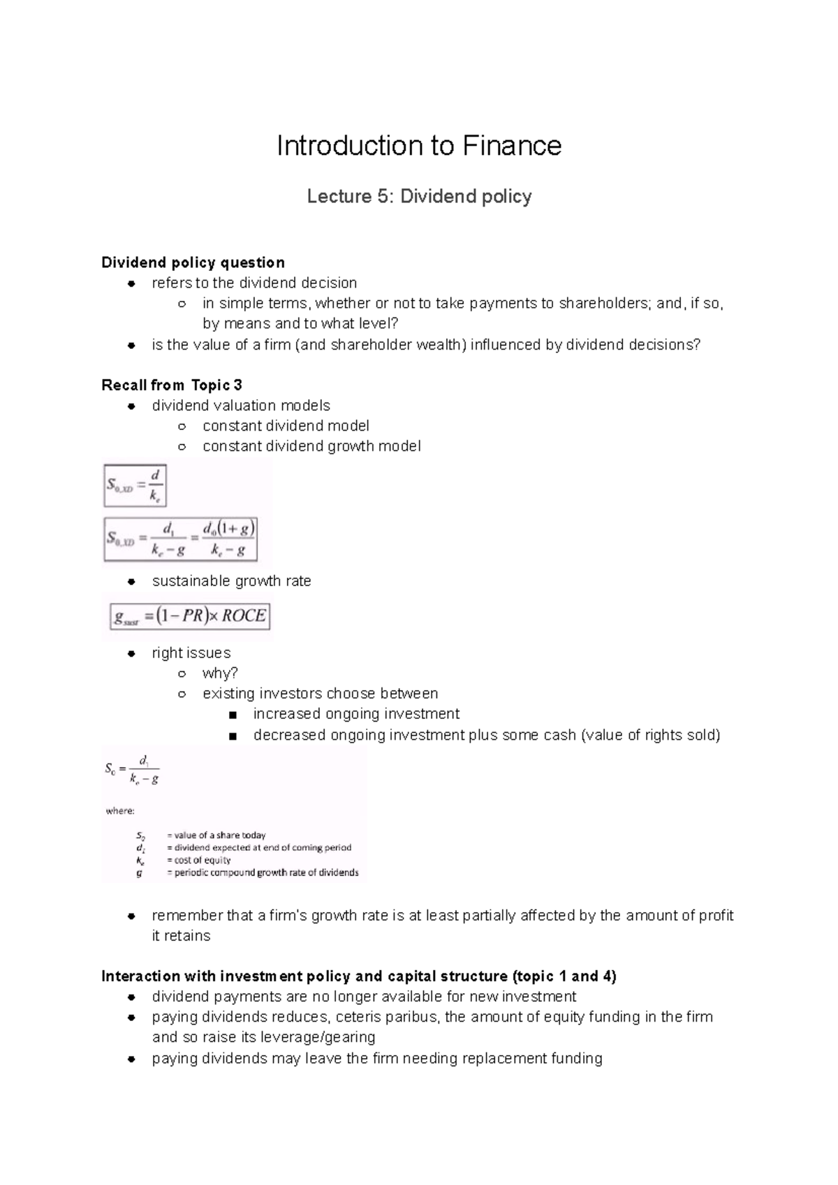 Lecture 5 Dividend policy - Introduction to Finance Lecture 5: Dividend policy Dividend policy ...