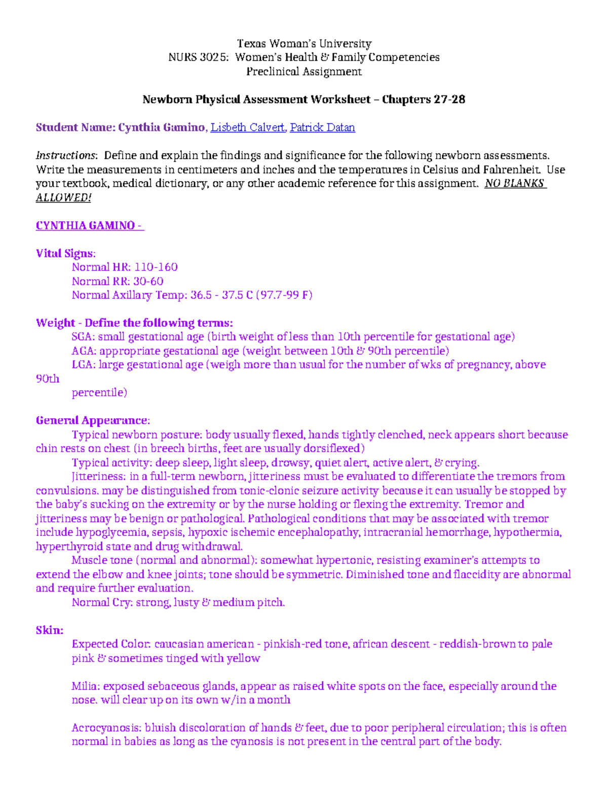 Pre-Clinical Newborn Assessment - Texas Woman’s University NURS 3025 ...