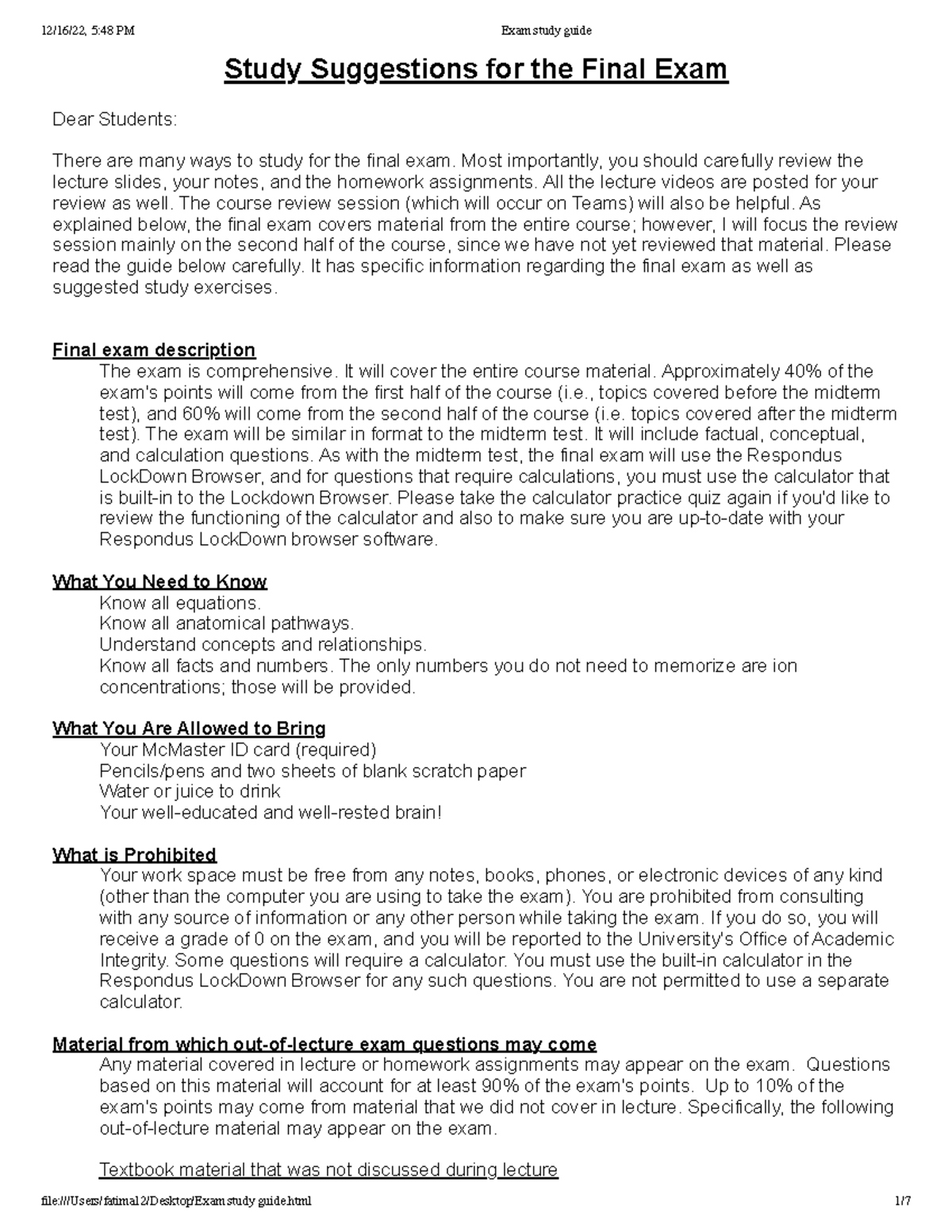 Exam study guide - exam prep - Study Suggestions for the Final Exam ...