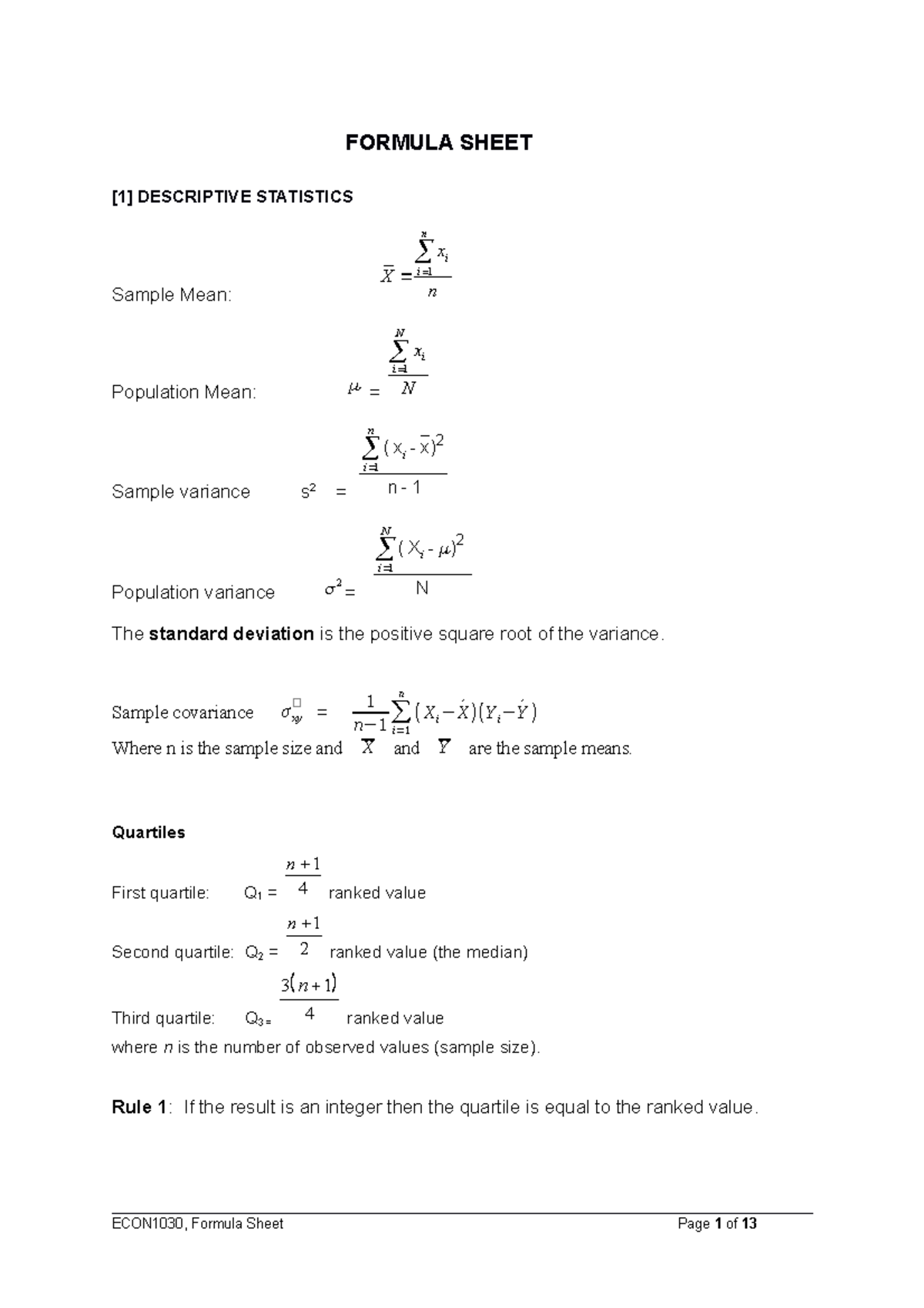 Statistics Formulas