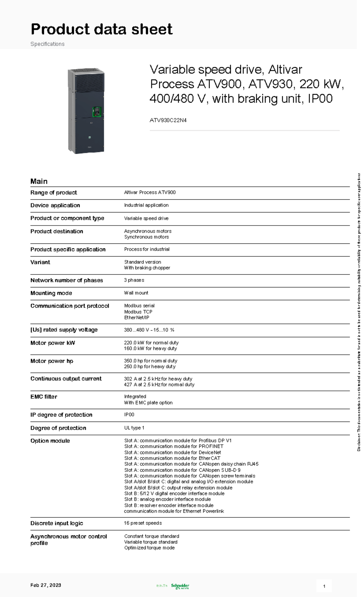Altivar Process ATV900 ATV930C22N4 - ####### Specifications Variable ...