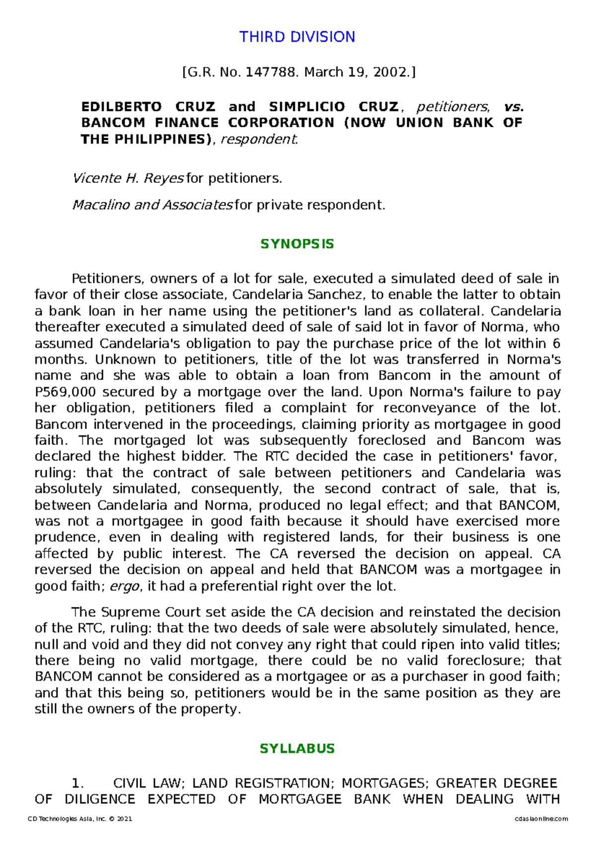 full text - Cruz v - THIRD DIVISION [G. No. 147788. March 19, 2002 ...