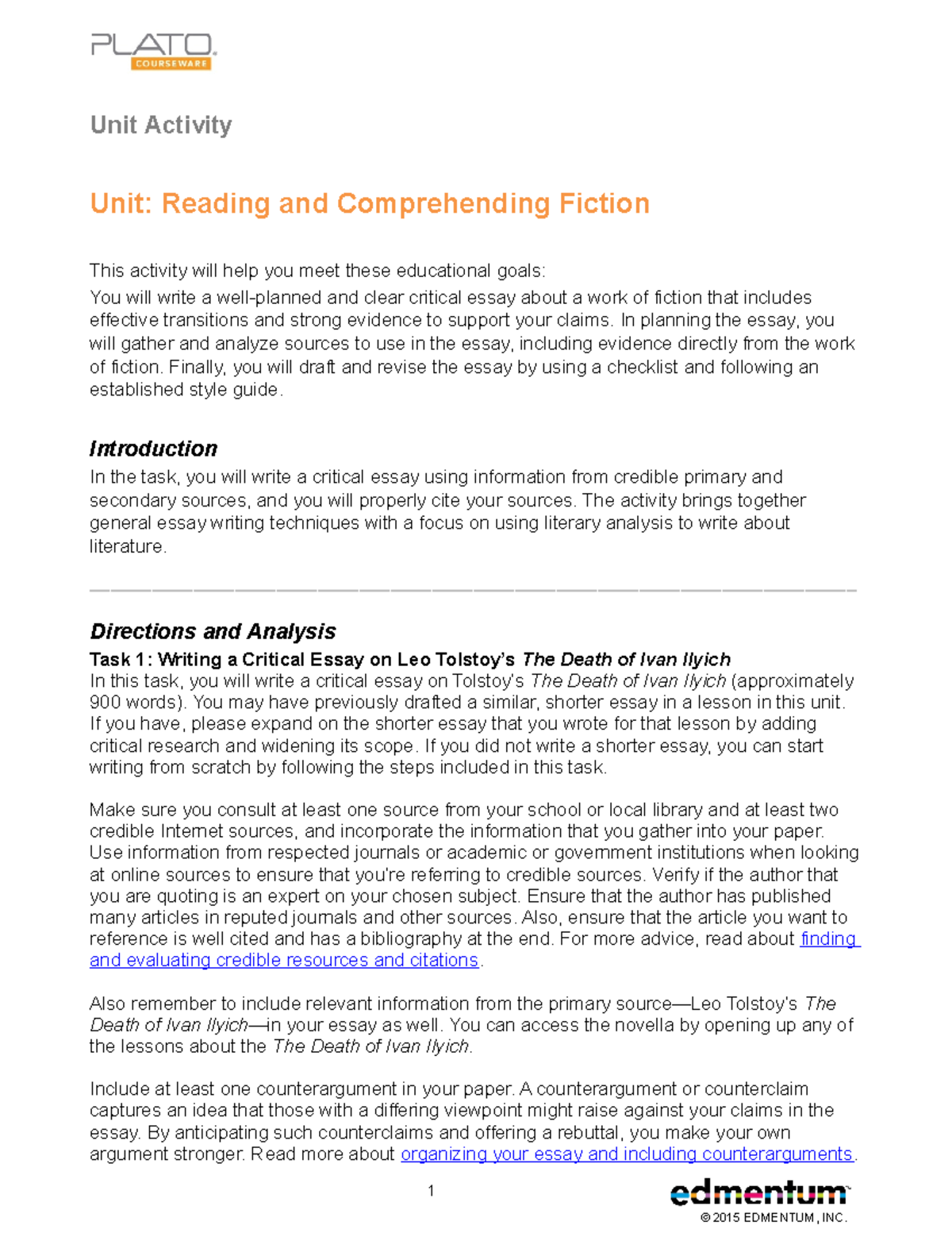 A1 Reading and Comprehending Fiction UA (3) - Unit Activity Unit ...