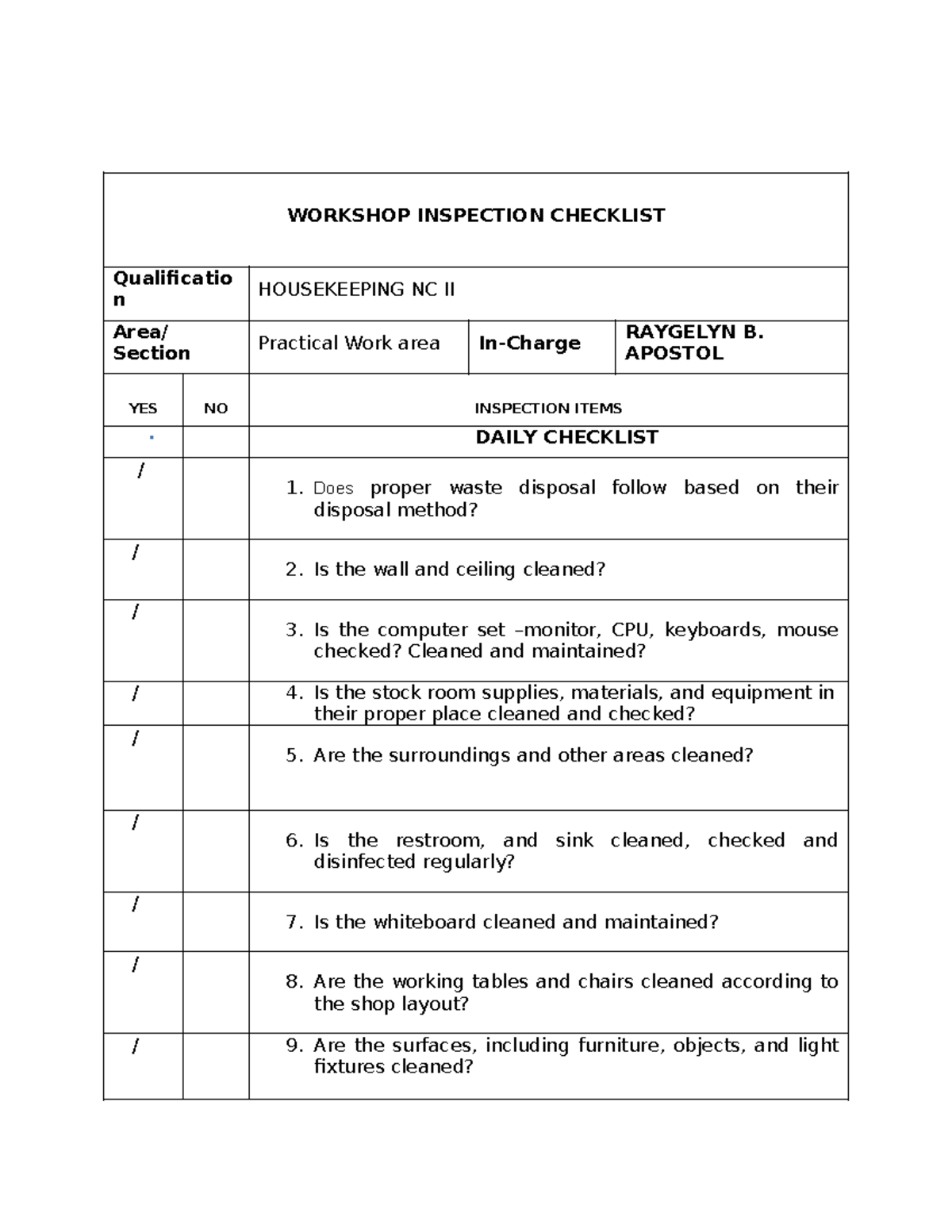 5. Workshop Inspection Checklist-final - WORKSHOP INSPECTION CHECKLIST ...