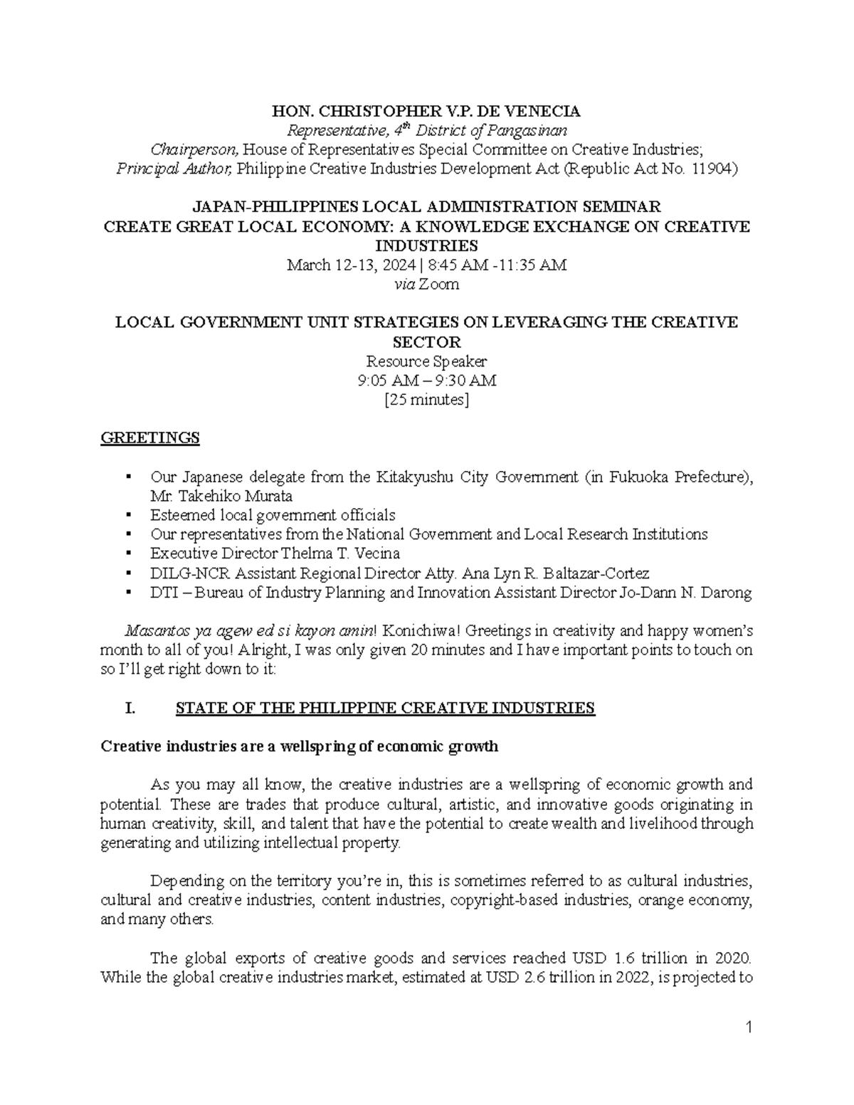 this is as ample title - HON. CHRISTOPHER V. DE VENECIA Representative ...