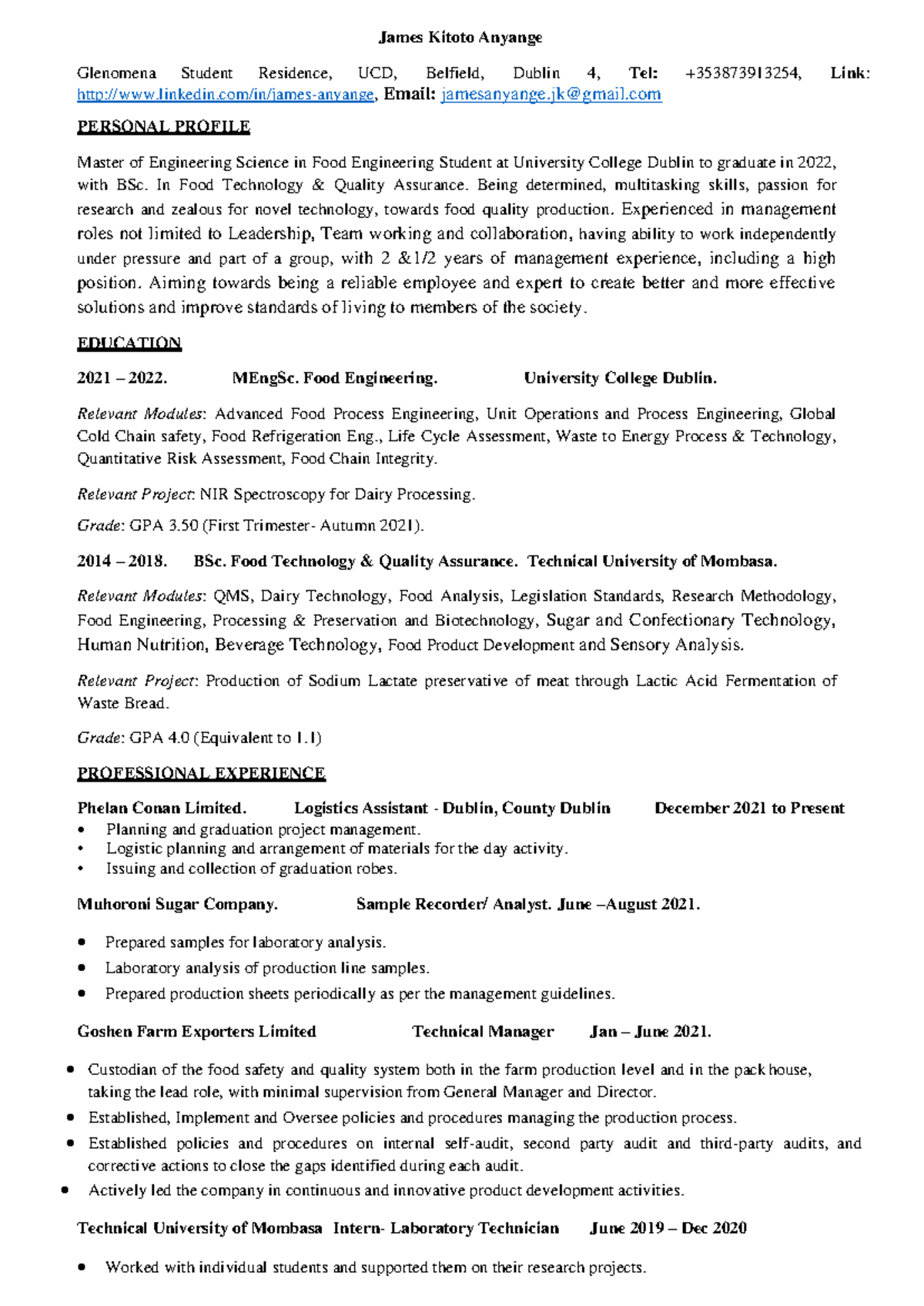 James Kitoto Anyange CV - James Kitoto Anyange Glenomena Student ...
