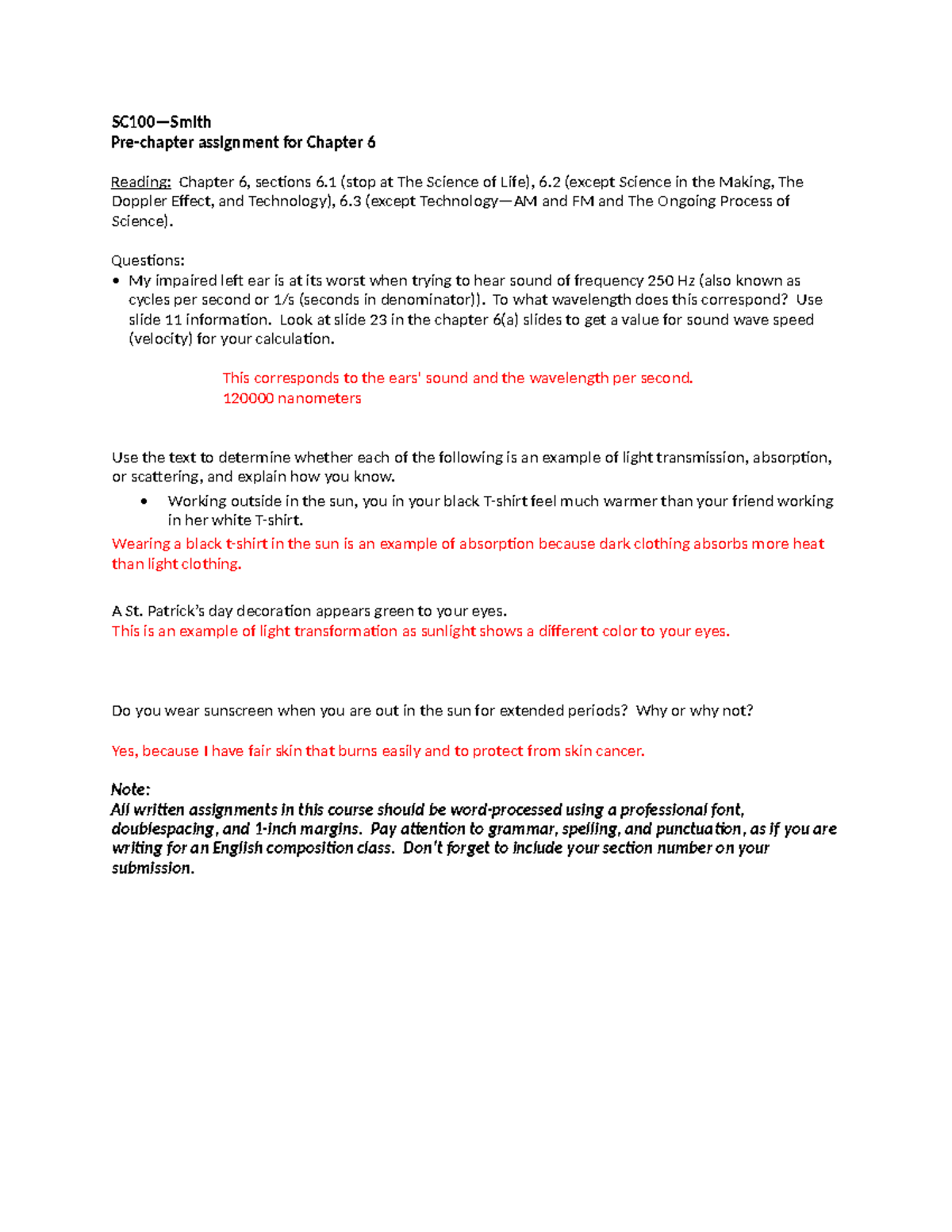 Chapter 6 Pre Chapter Assignment Sc100 Sc100—smith Pre Chapter 3880