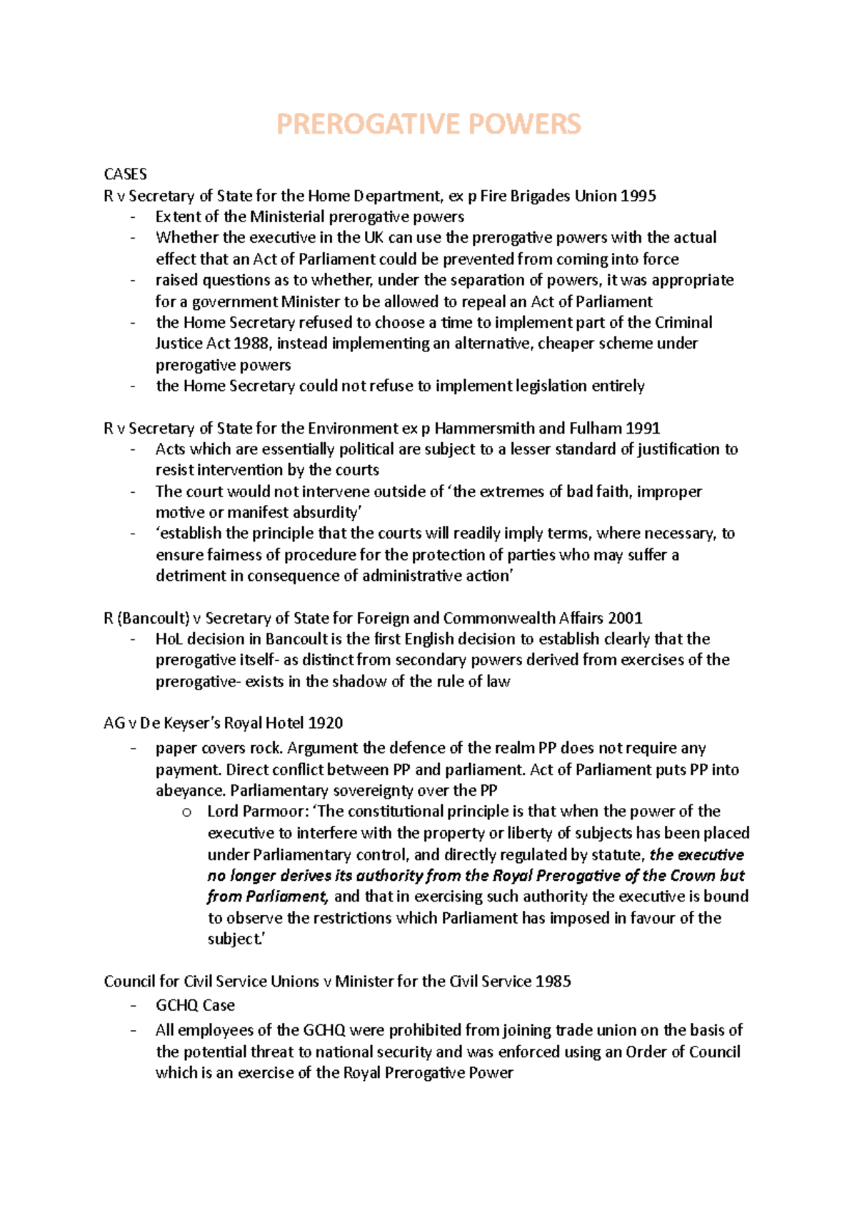 Prerogative Powers revision notes - 08 21214 - Birmingham - Studocu