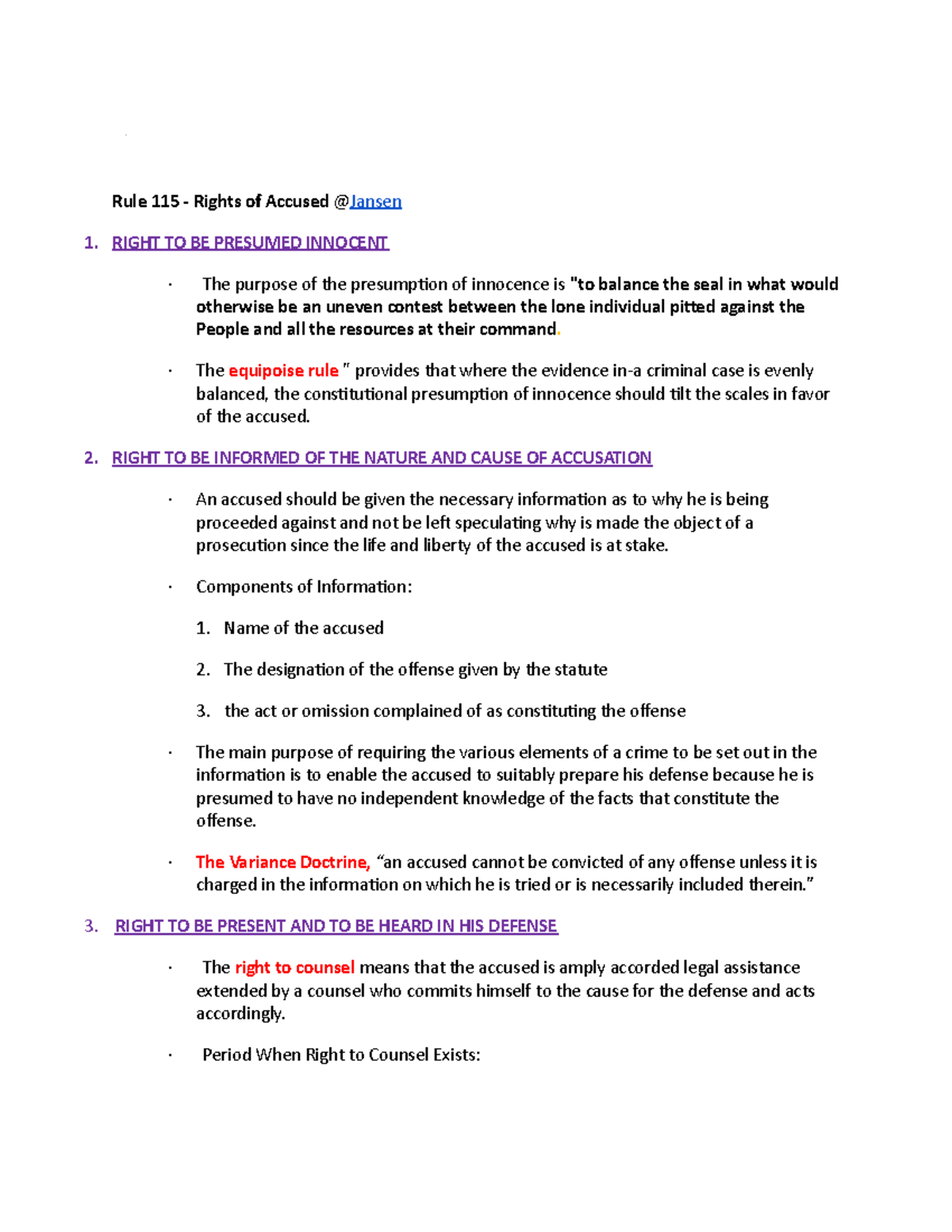 Rule 115 finals - cases - Rule 115 - Rights of Accused @Jansen RIGHT TO ...