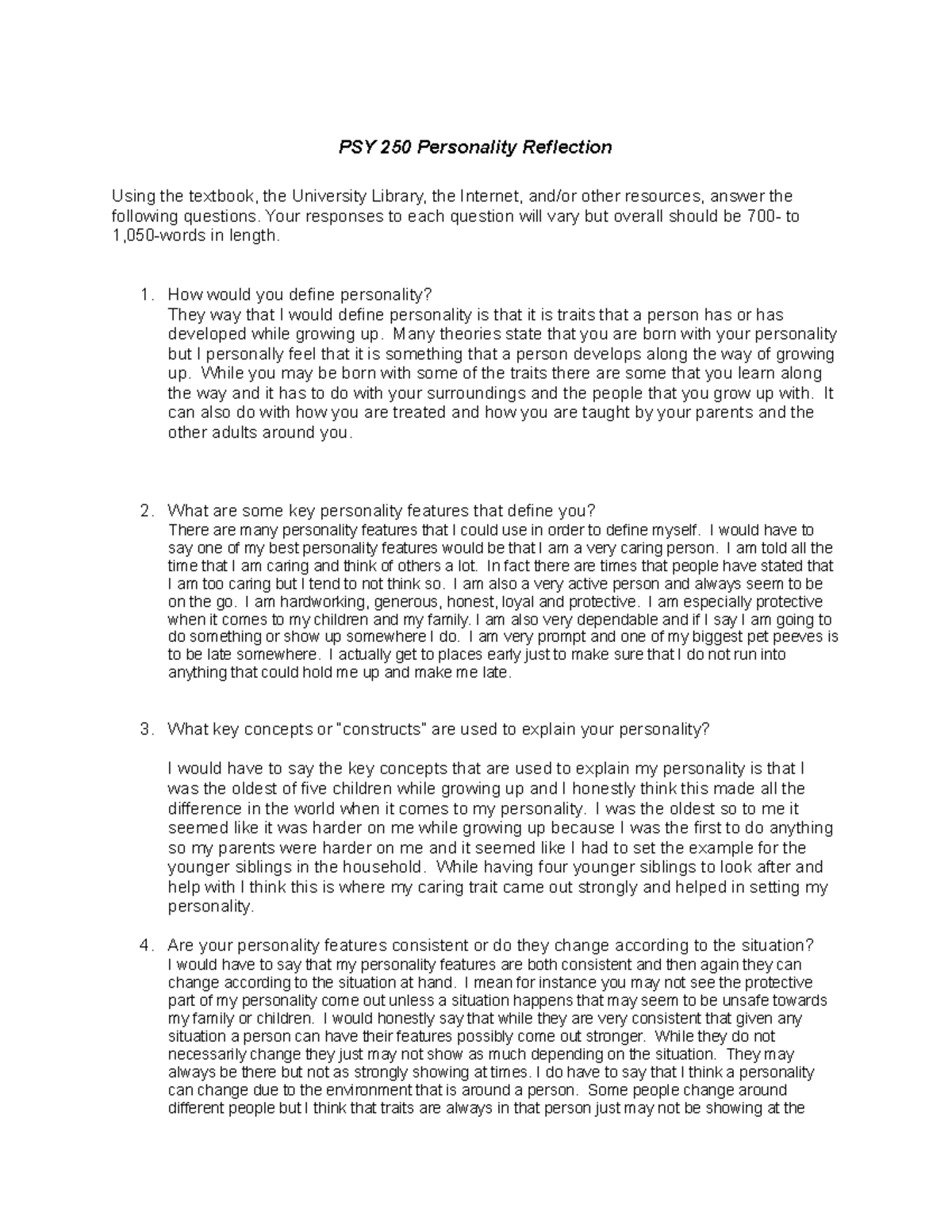 PSY 250 Personality Reflection - PSY 250 Personality Reflection Using ...