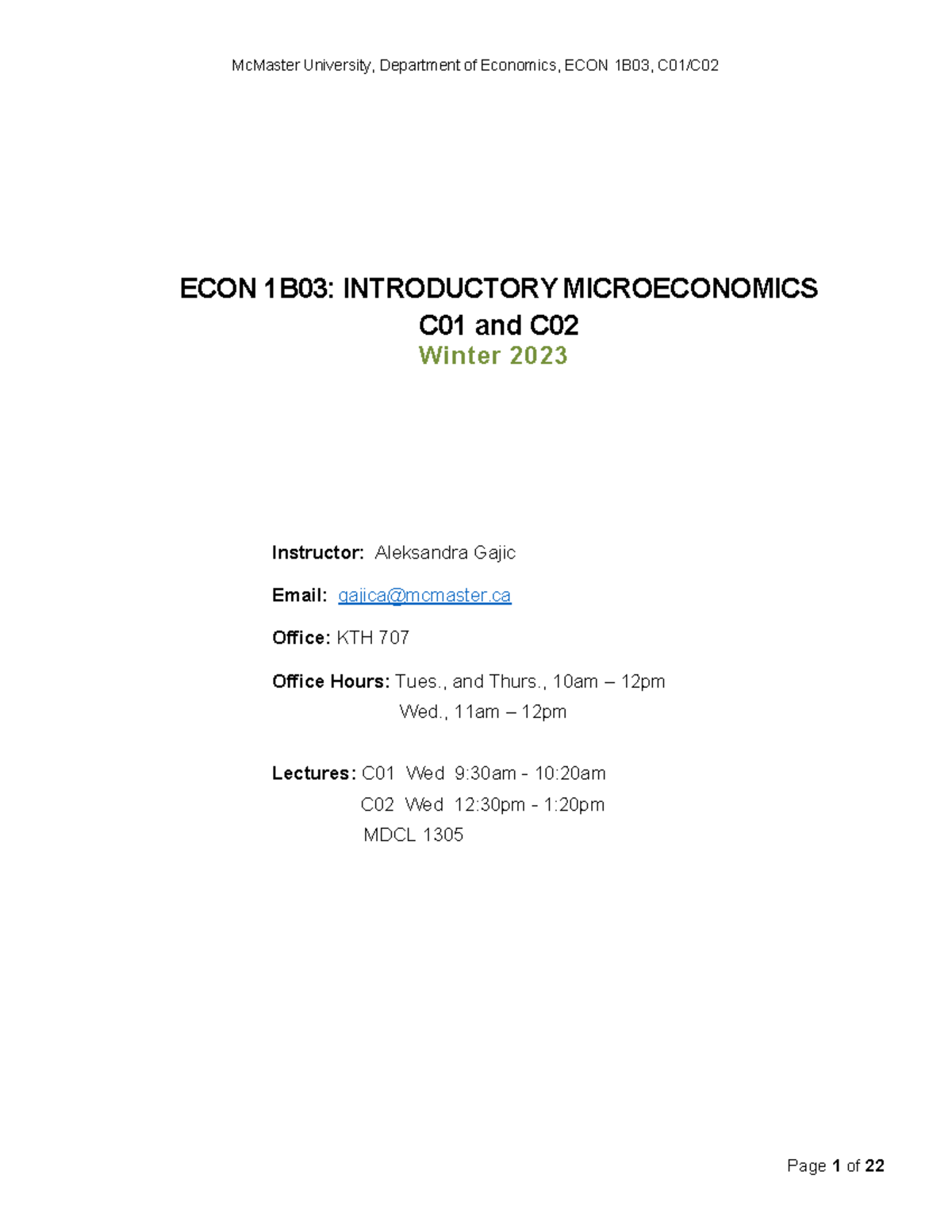 Outline - ECON 1B03: INTRODUCTORY MICROECONOMICS C01 and C Winter 2023 ...