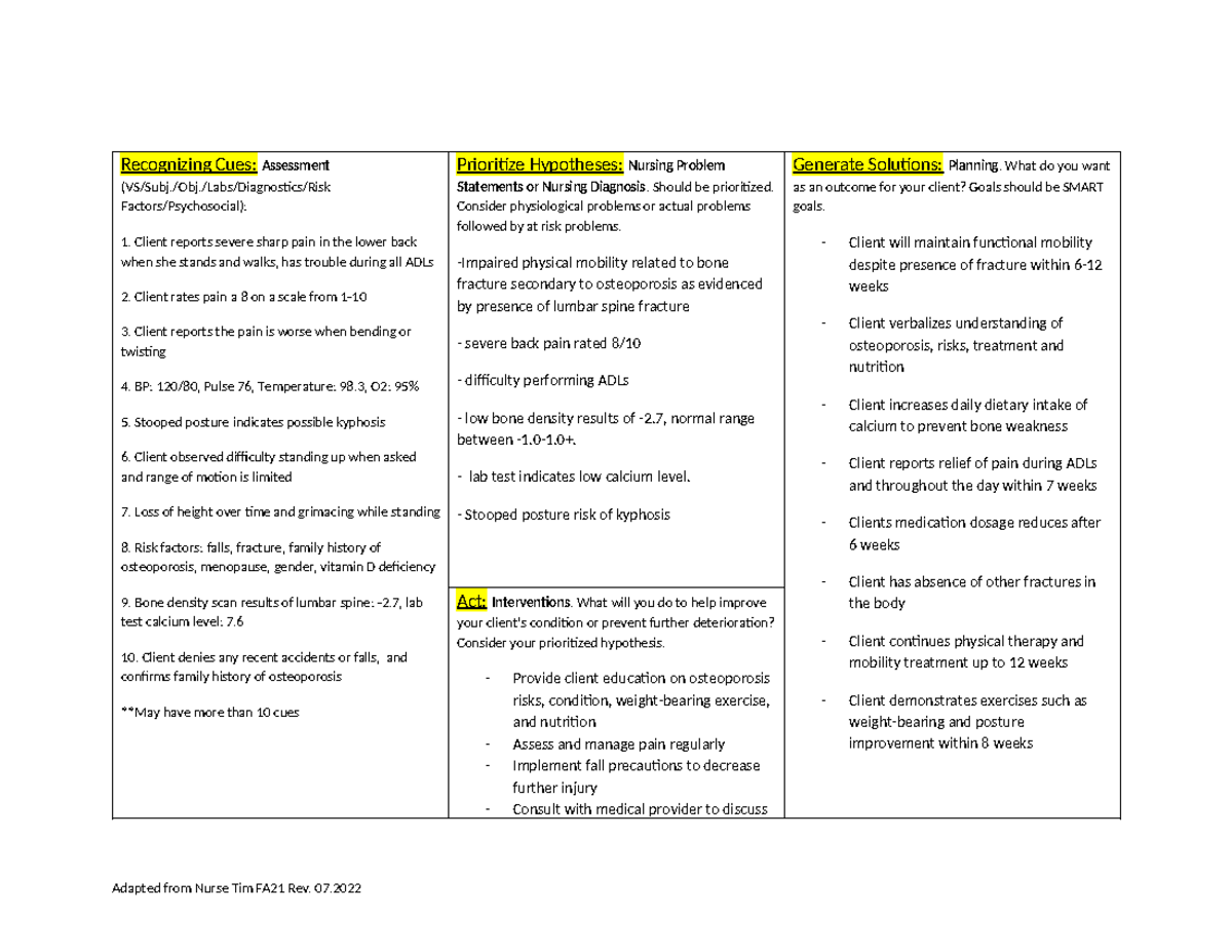215 Concept Map 2 - Recognizing Cues: Assessment (VS/Subj./Obj./Labs ...