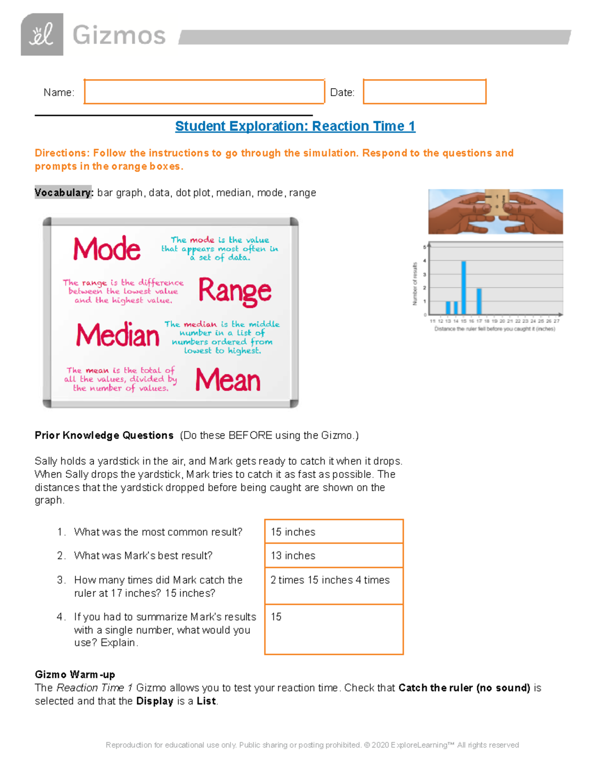 Wk #12Copy of Nervous system Reaction Time Gizmo - Name: Date: Student ...