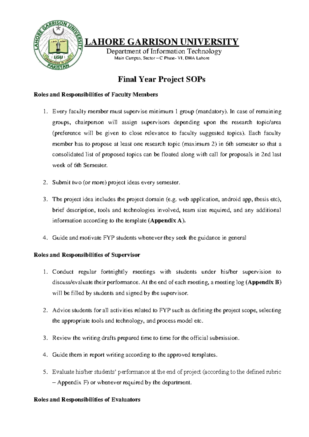 FYP SOP's - LAHORE GARRISON UNIVERSITY Department of Information ...