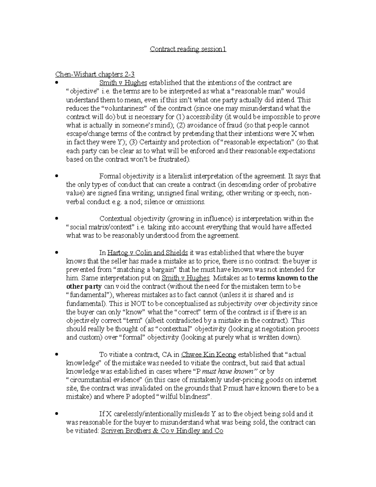 Offer and acceptance - Notes - Contract reading session1 Chen-Wishart ...