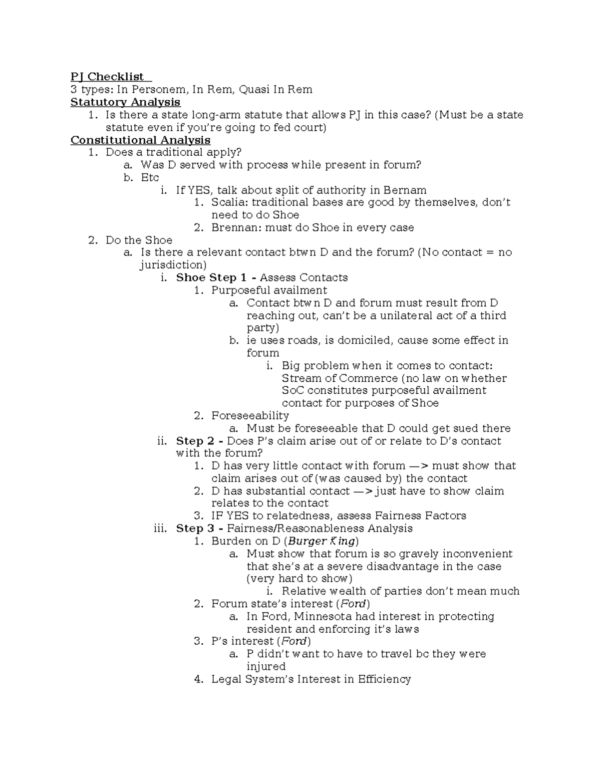 Civ Pro Checklist - PJ Checklist 3 types: In Personem, In Rem, Quasi In ...