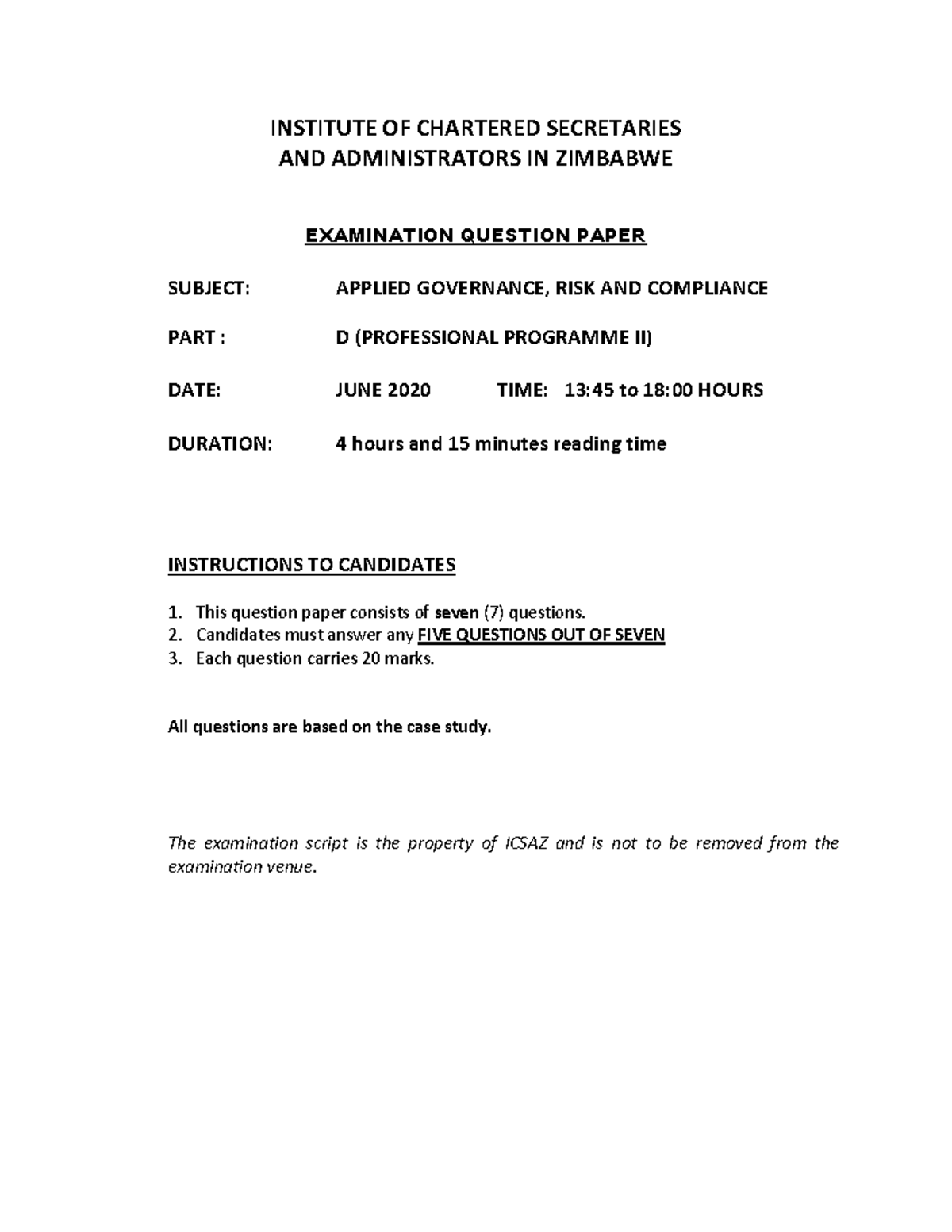Applied Governance,Risk and Compliance June 2020 Question Paper ...