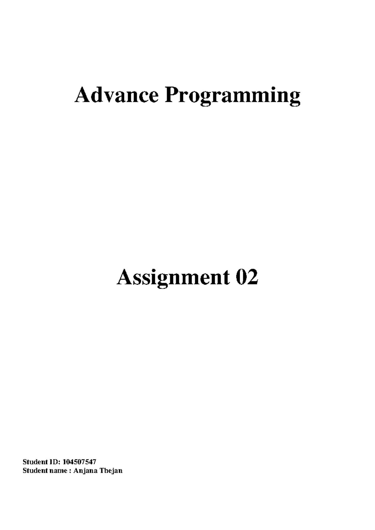 104507547 assignment 2 - Advance Programming Assignment 0 2 Student ID ...