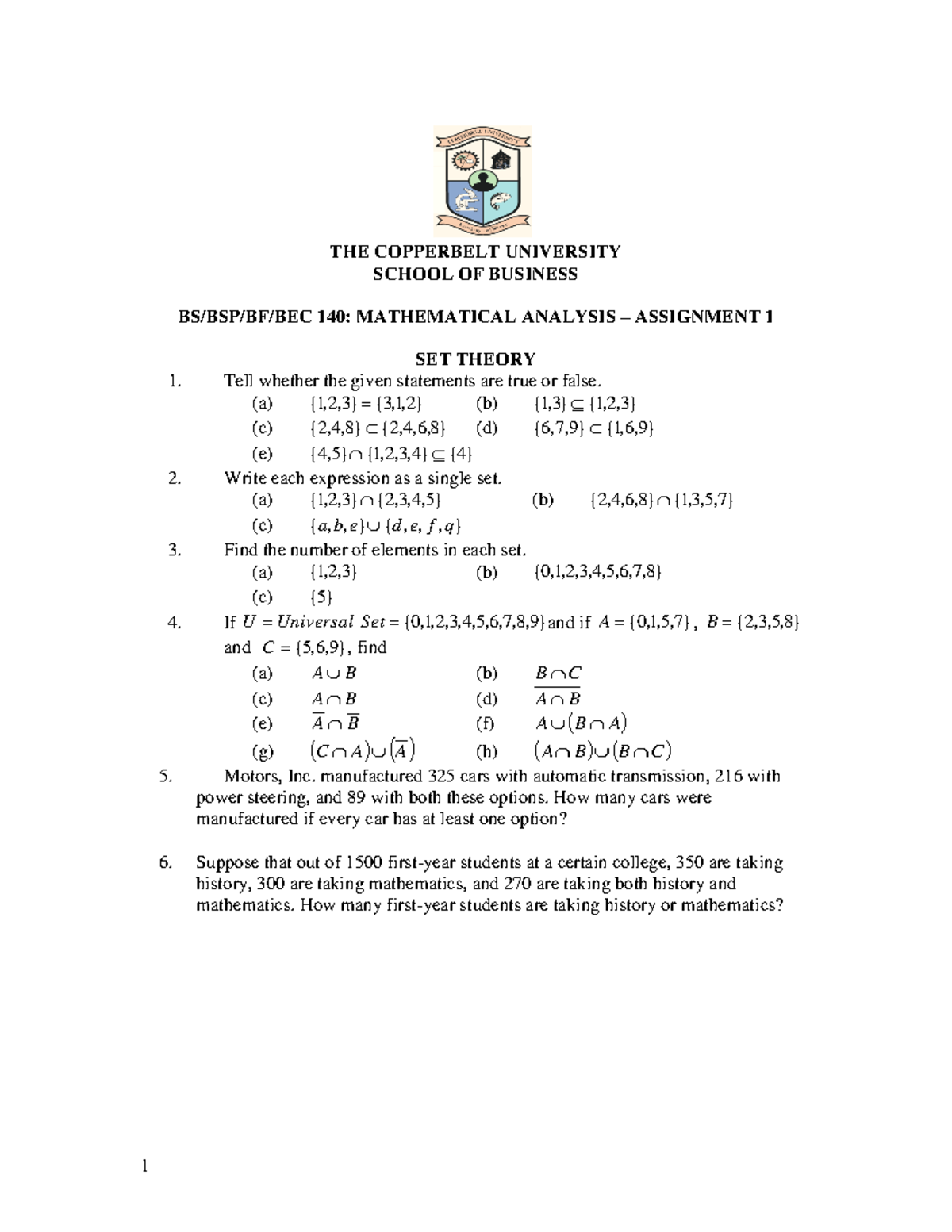 business math questions assignments - THE COPPERBELT UNIVERSITY SCHOOL ...