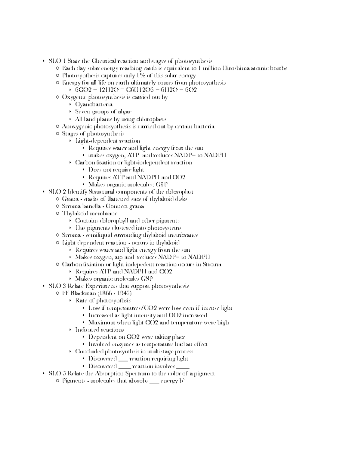 Chapter 8 parts of the cell - SLO 1 State the Chemical reaction and ...