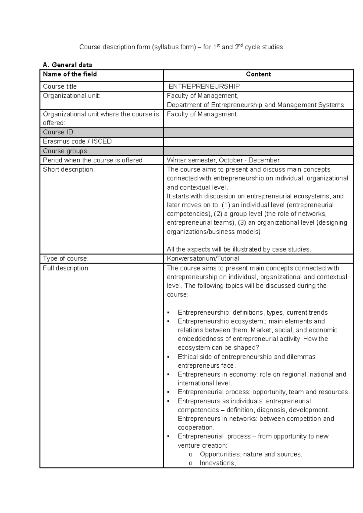 Entrepreneurship sylabus - Course description form (syllabus form ...