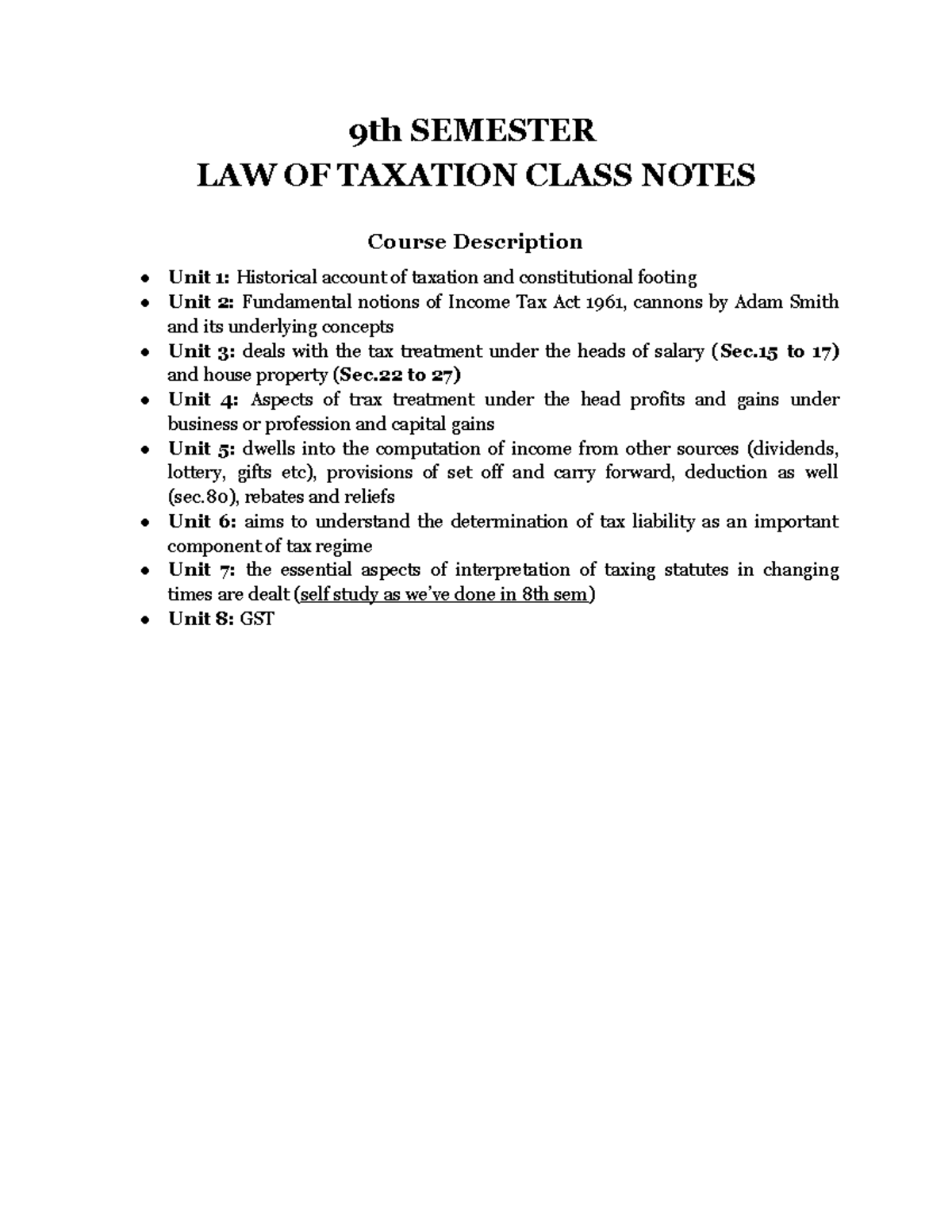 TAX LAW Class Notes 9th SEMESTER LAW OF TAXATION CLASS NOTES Course